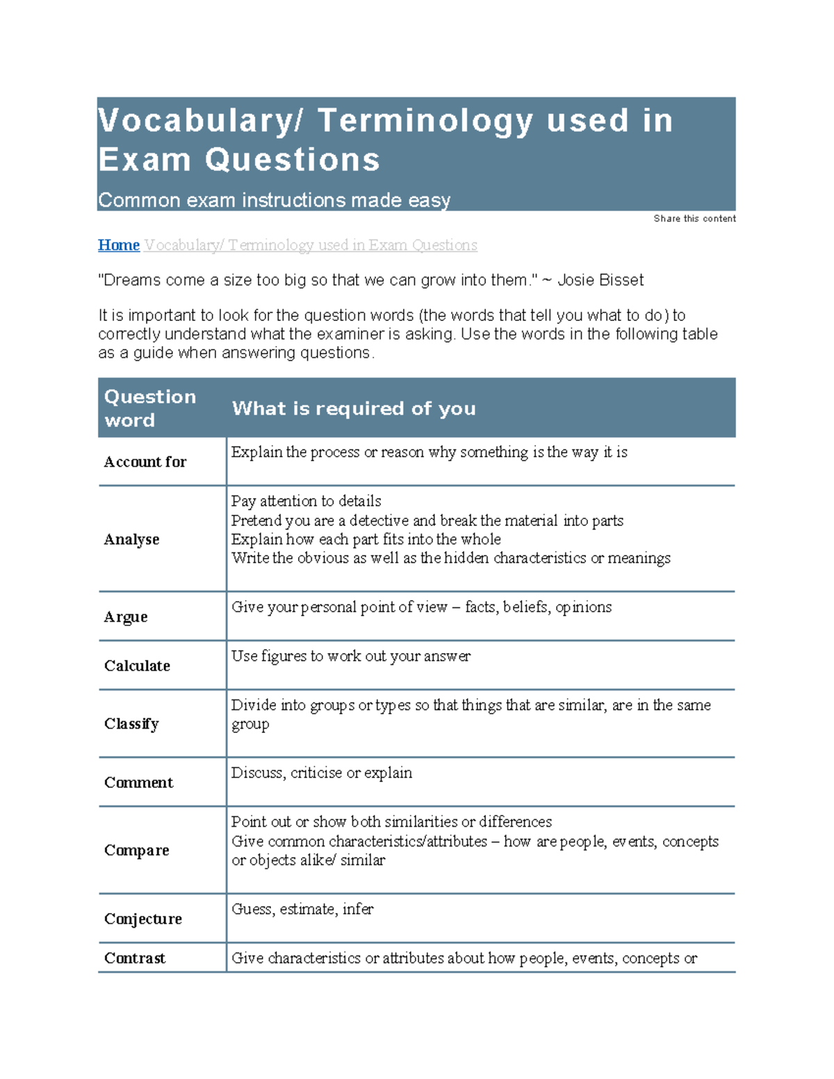 Terminology used in Exam Questions - Vocabulary/ Terminology used in ...