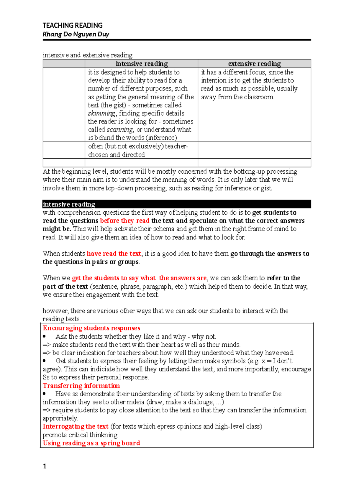 Teaching Reading Strategies: Intensive & Extensive Approaches - Studocu
