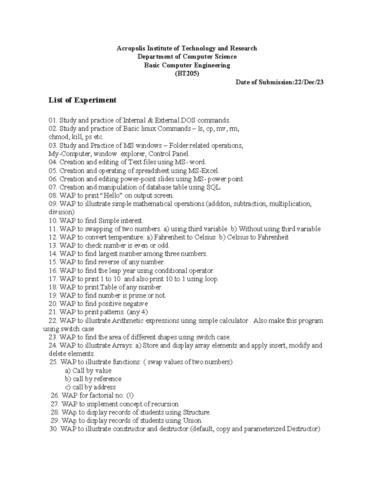 Lab Manual for Basic Computer Engineering (BT205) - Practical Exercises - Studocu
