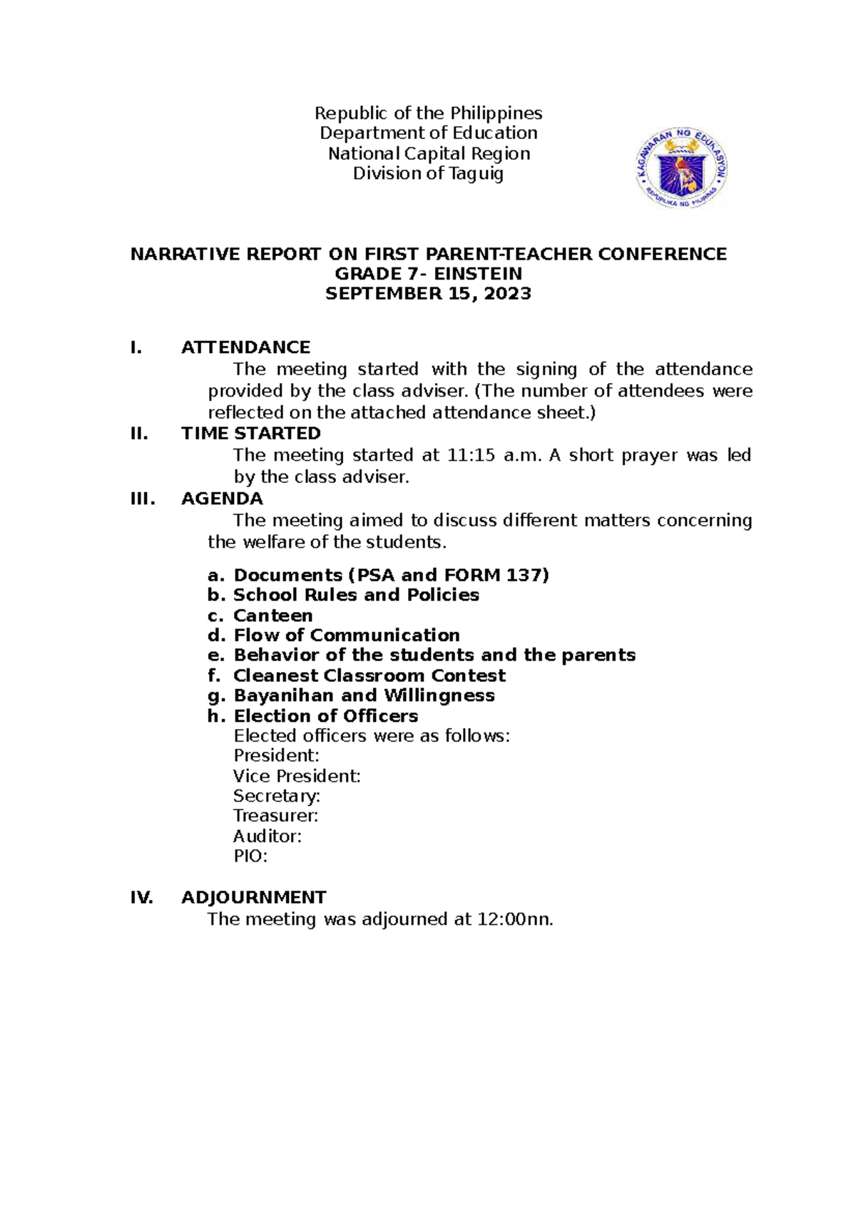 Grade 7 - Einstein PTC Meeting Minutes Report (AY 2023-2024) - Studocu