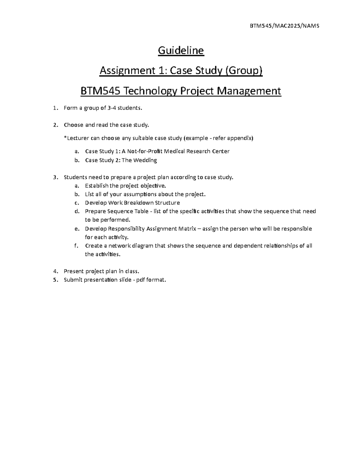 BTM545 Case Study Guidelines: Project Plan for Tech Management - Studocu