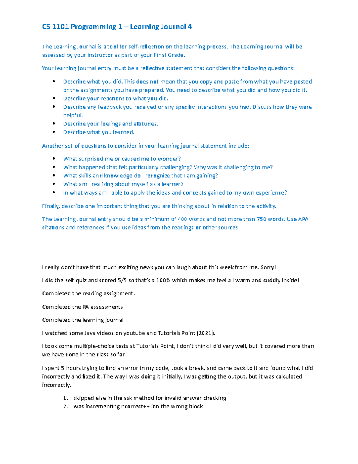 CS1102 Programming 1 - Learning Journal 4 - CS 1101 Programming 1 ...