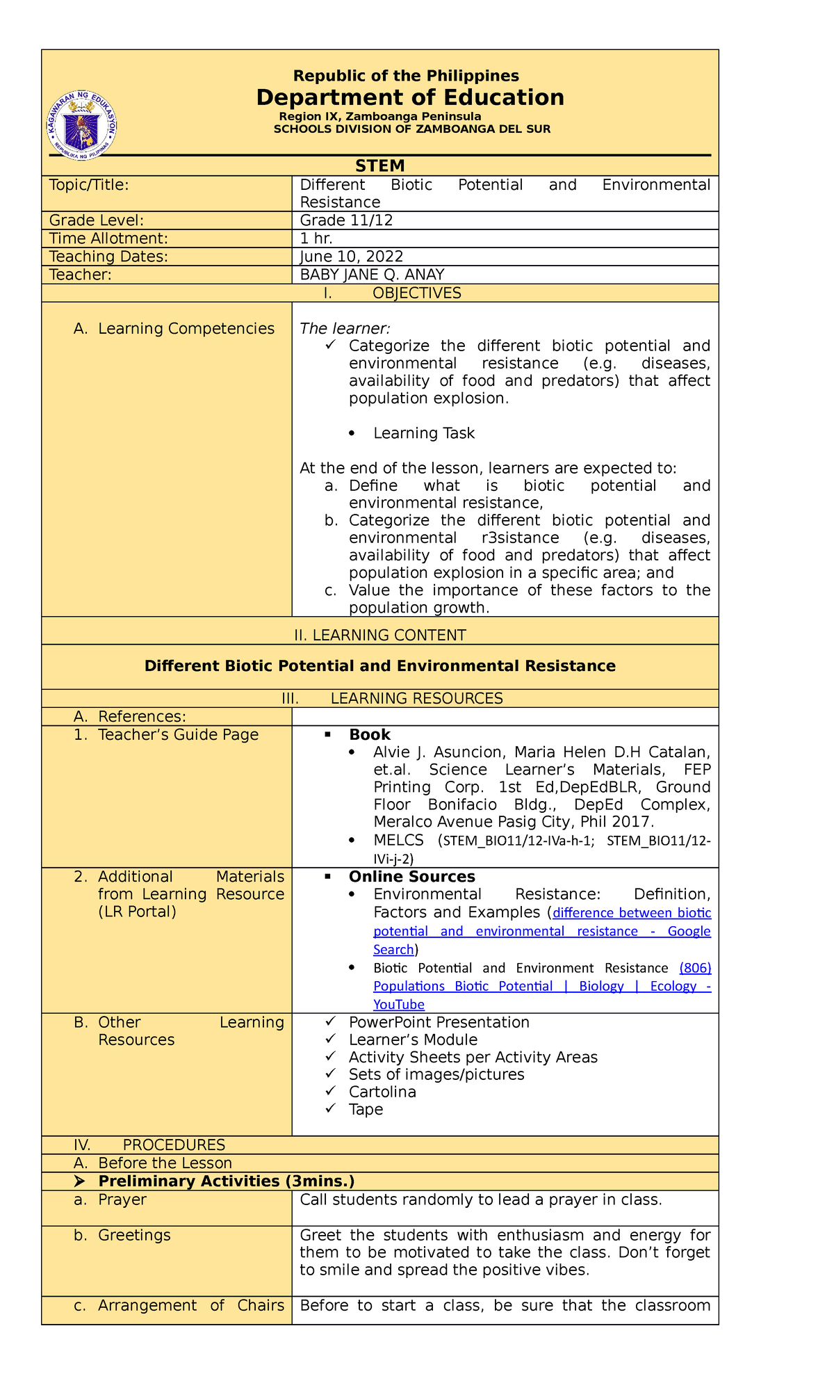 STEM_BIO11: Detailed Lesson Plan on Biotic Potential & Environmental ...