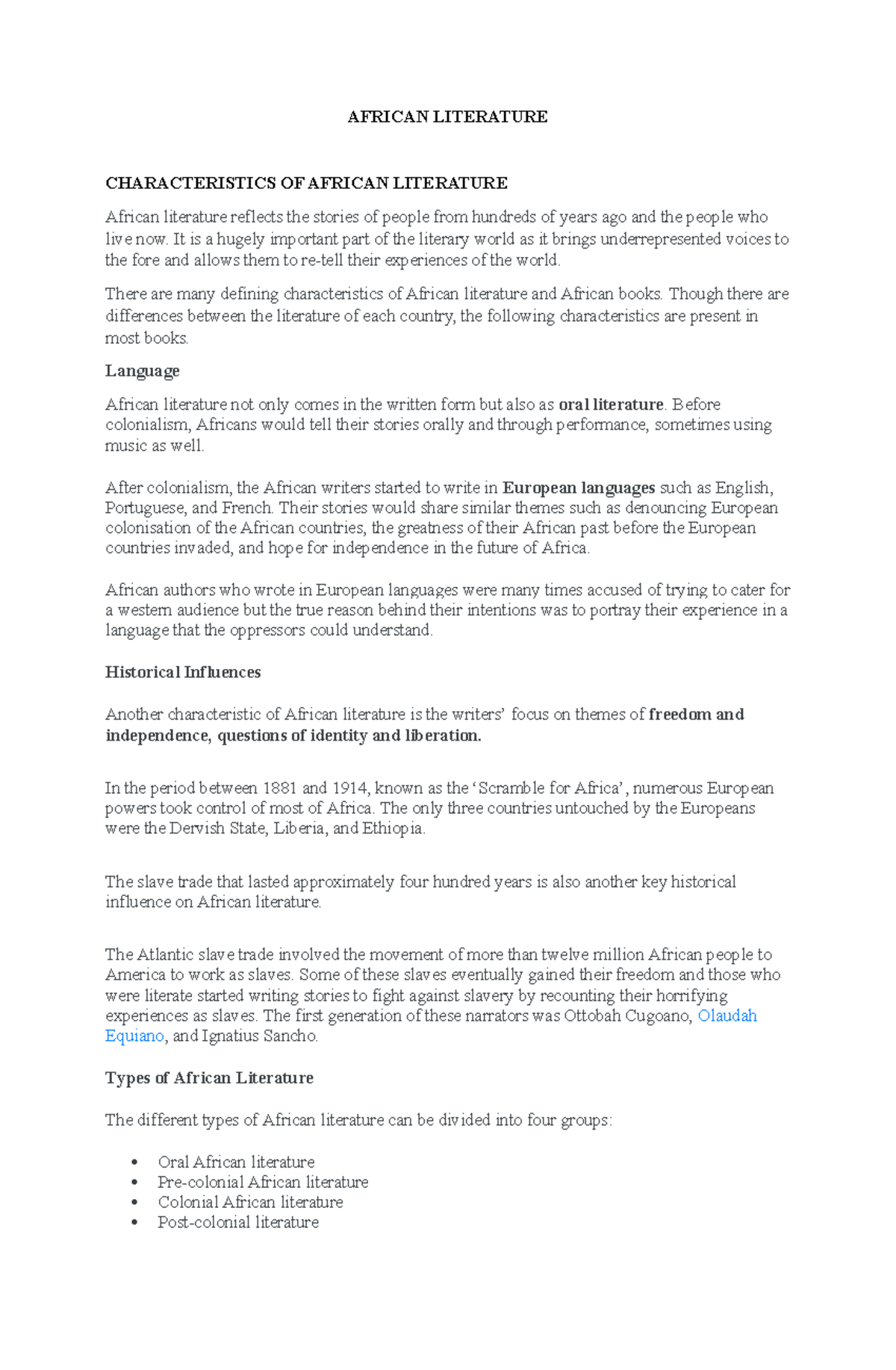 African Literature: Key Characteristics and Notable Figures - Studocu