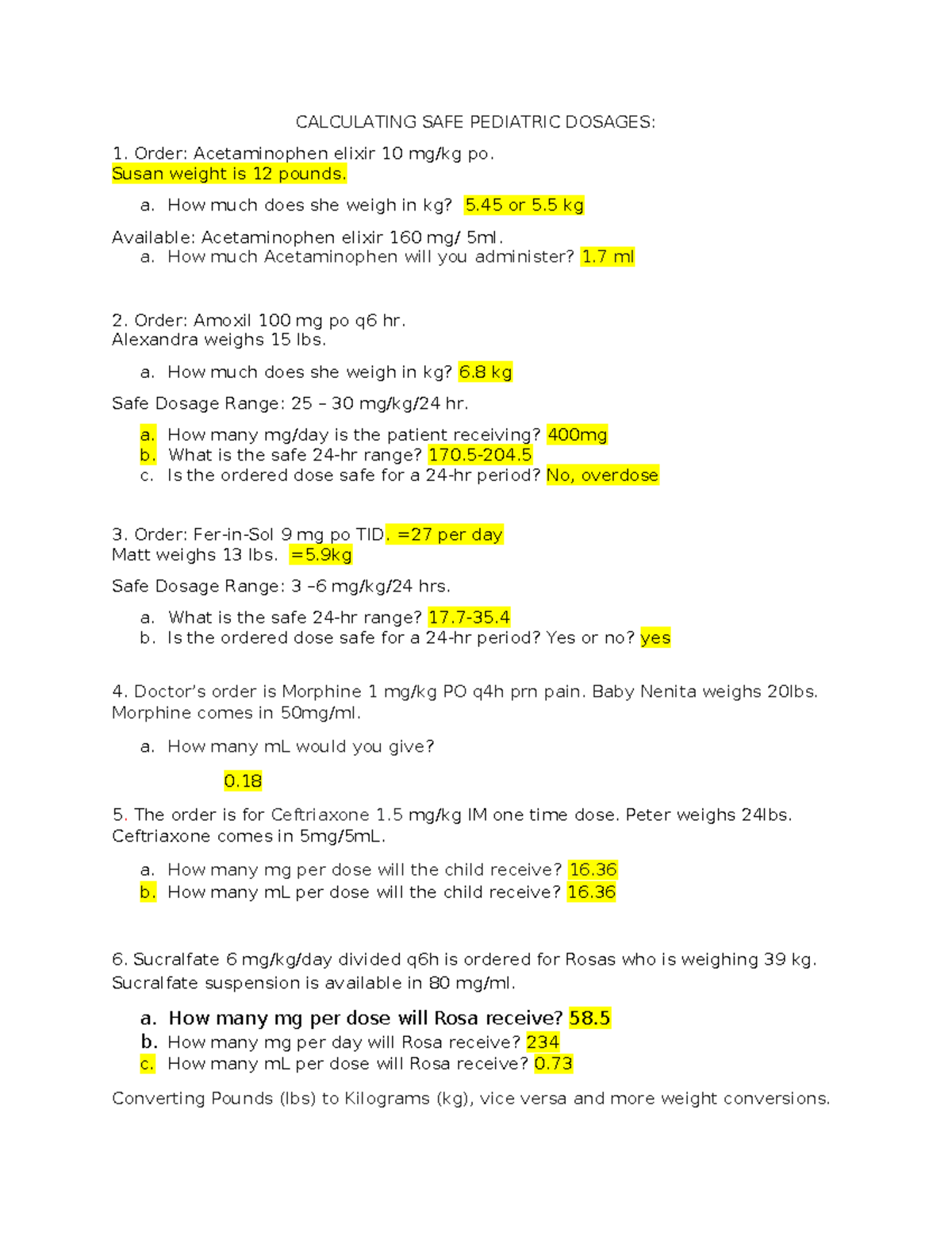 Pediatric Dosage Calculations: Safe Dosages & Weight Conversions - Studocu