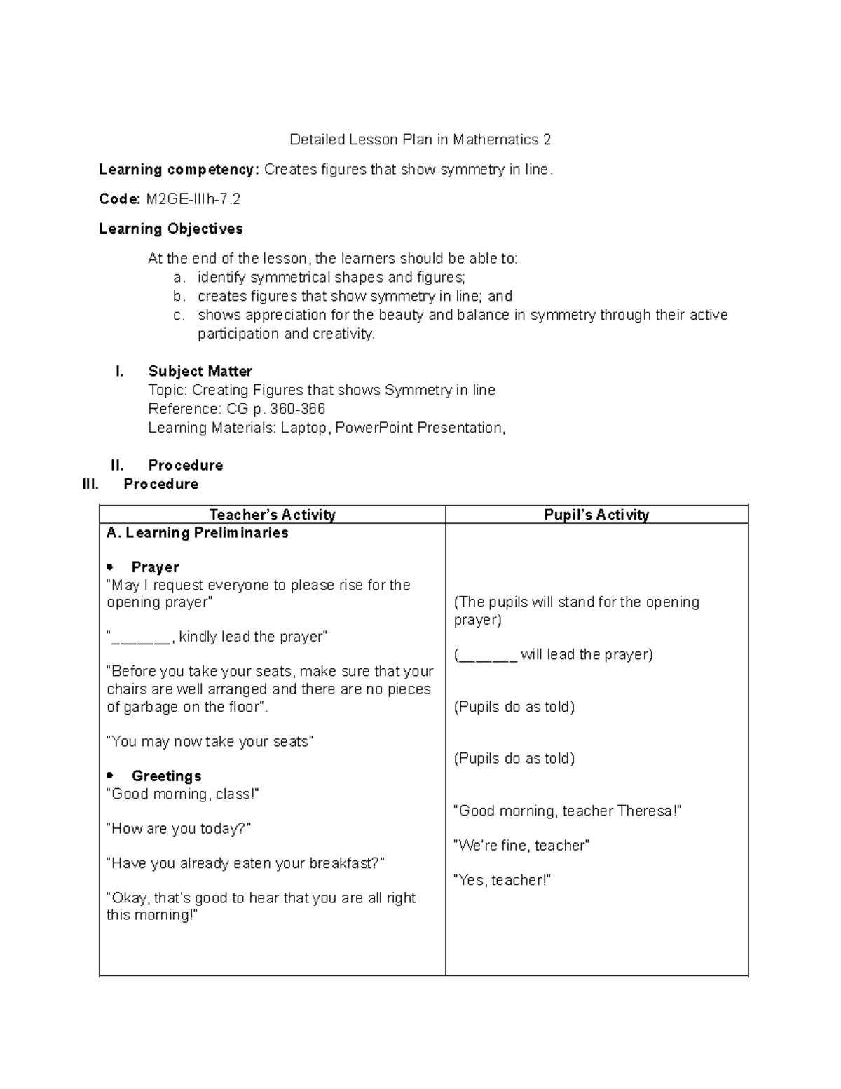 M2GE-IIIh-7 Detailed Lesson Plan: Symmetry in Mathematics 2 - Studocu