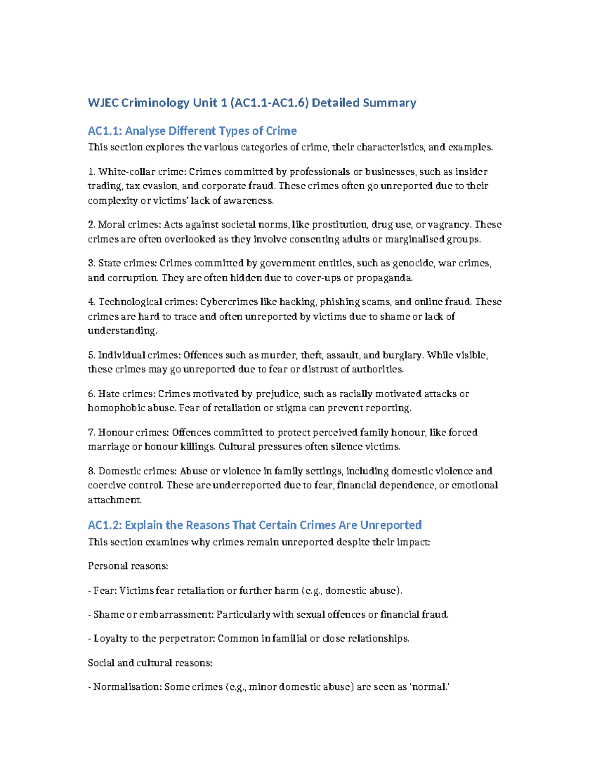 WJEC Criminology Unit 1: Types of Crime & Their Impact Analysis - Studocu