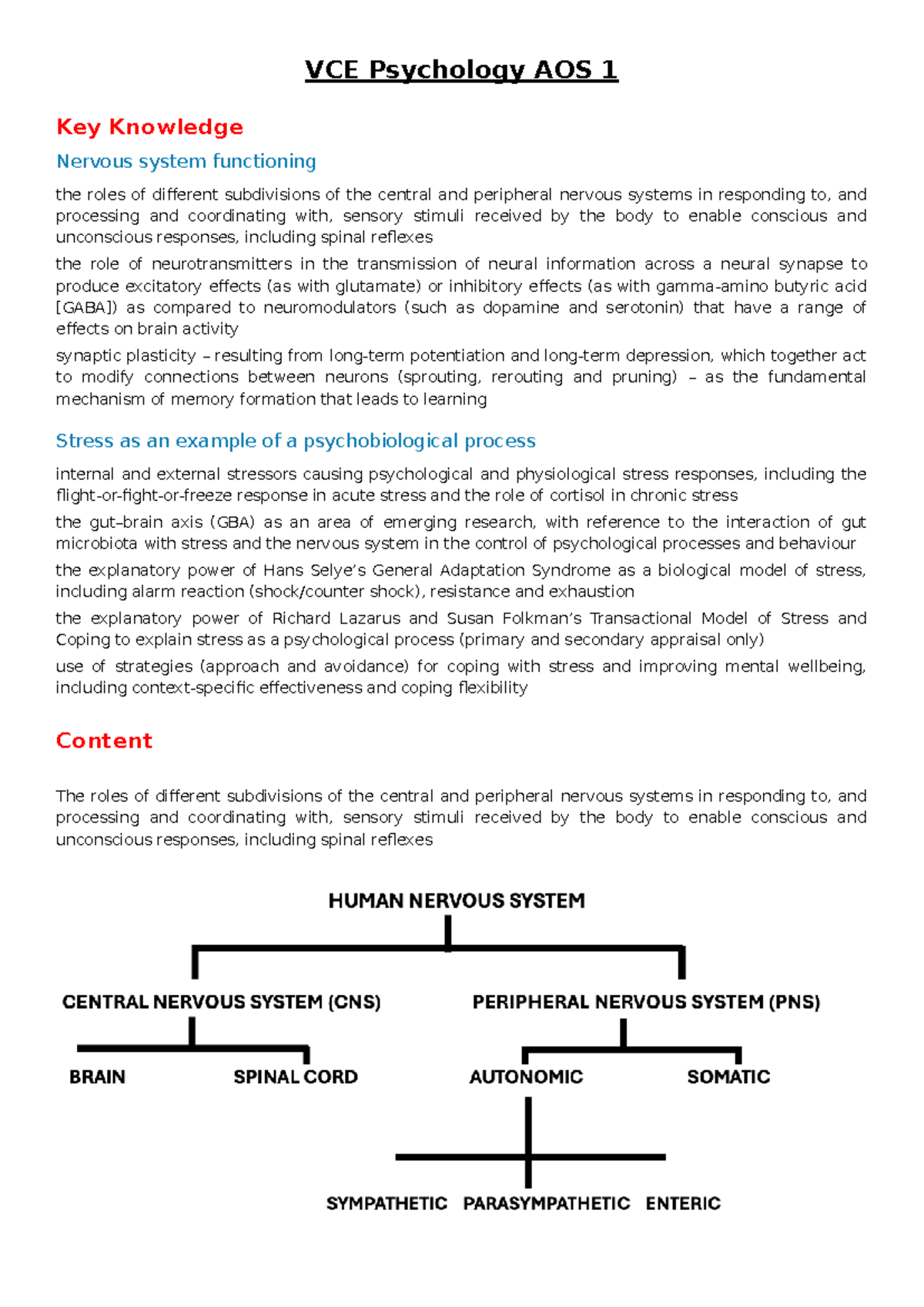 VCE Psychology AOS 1: Nervous System Functions & Stress Responses - Studocu
