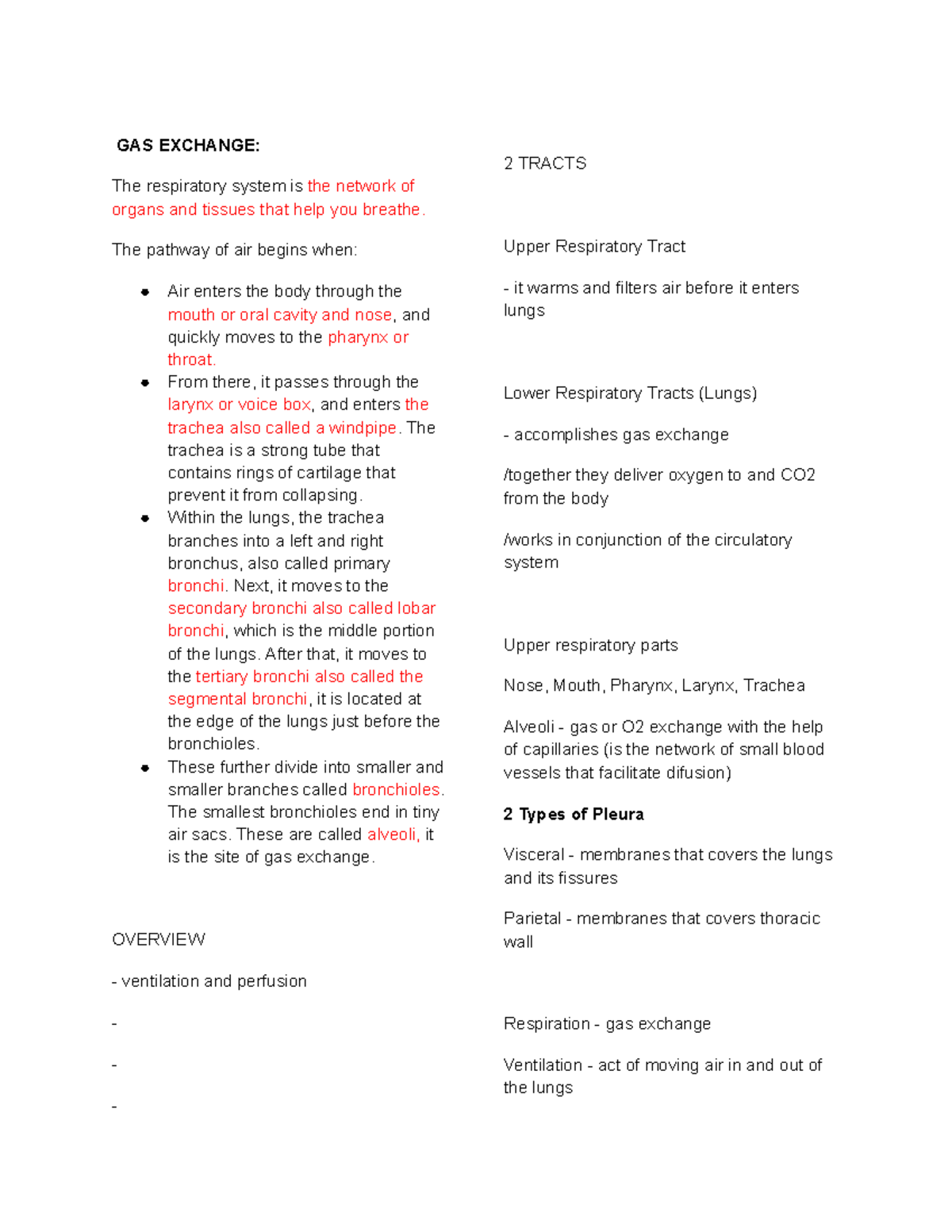 GAS EXCHANGE & RESPIRATORY SYSTEM: Lecture Notes (RES 101) - Studocu