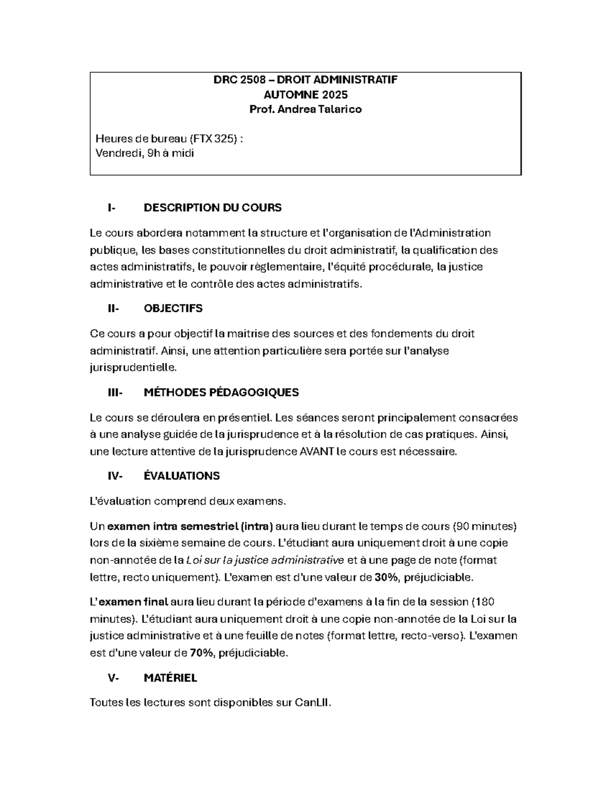 DRC 2508 Plan de Cours - Droit Administratif Automne 2025 - Studocu