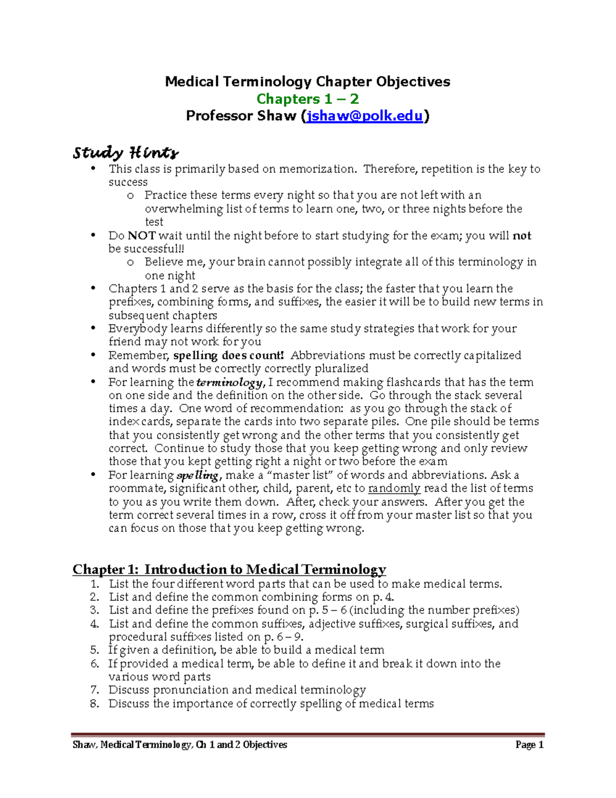 Medical Terminology Study Guide: Chapters 1 & 2 Objectives - Studocu