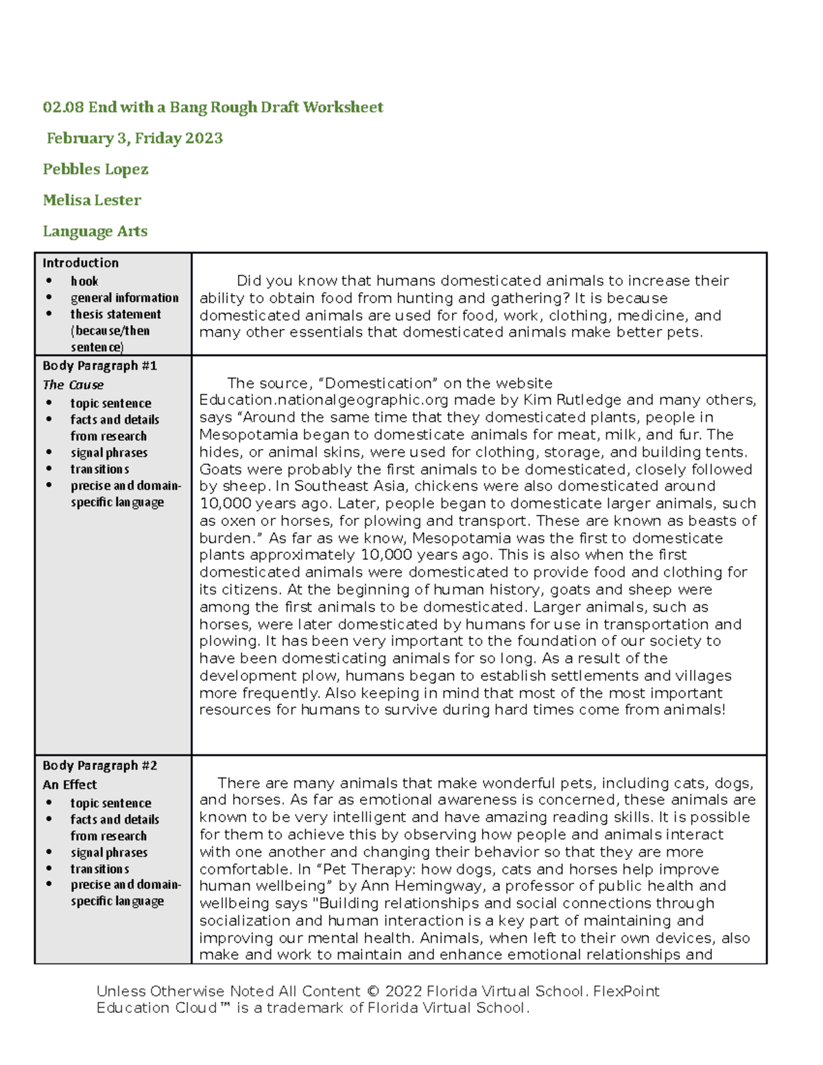 02.08 Language Arts: Rough Draft on Animal Domestication Insights - Studocu