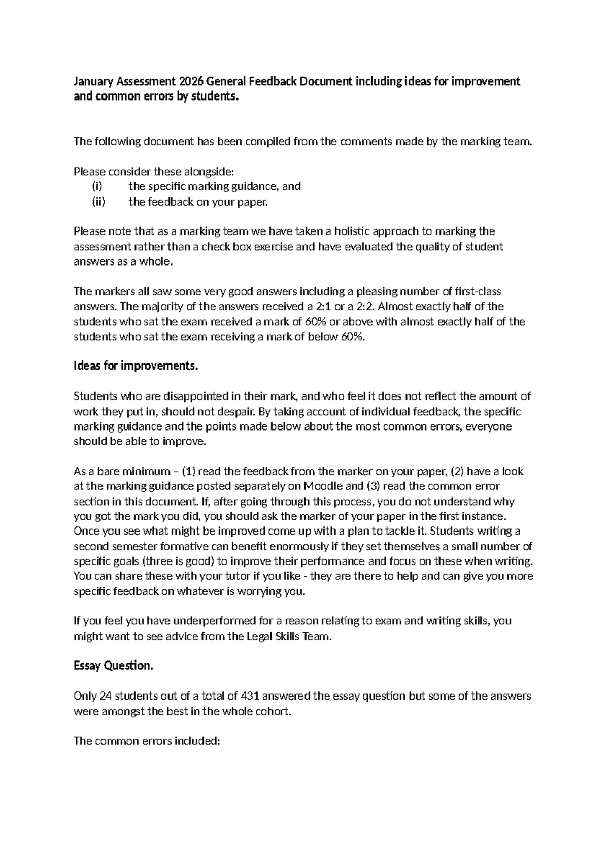 General Feedback on January Assessment 2026: Improvement Insights - Studocu