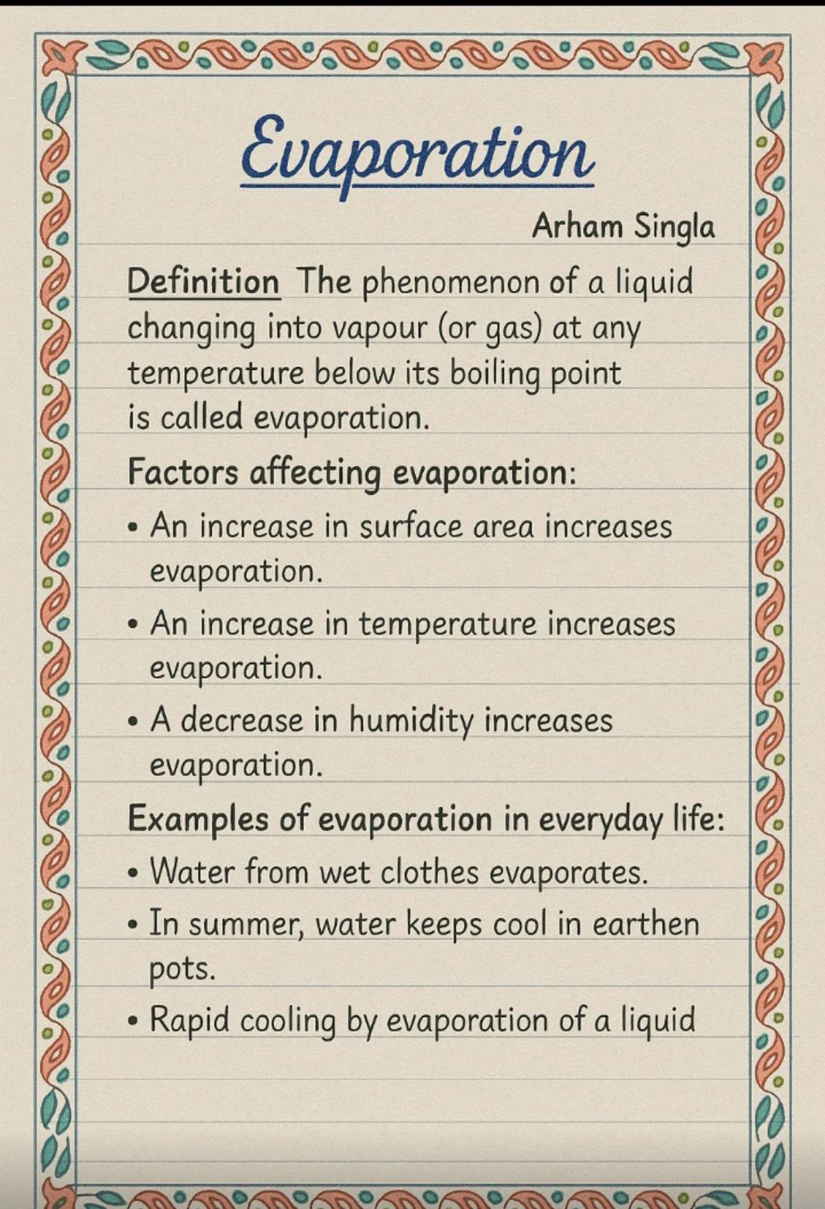 Class 9 CBSE Notes: Understanding Evaporation and Its Factors - Studocu