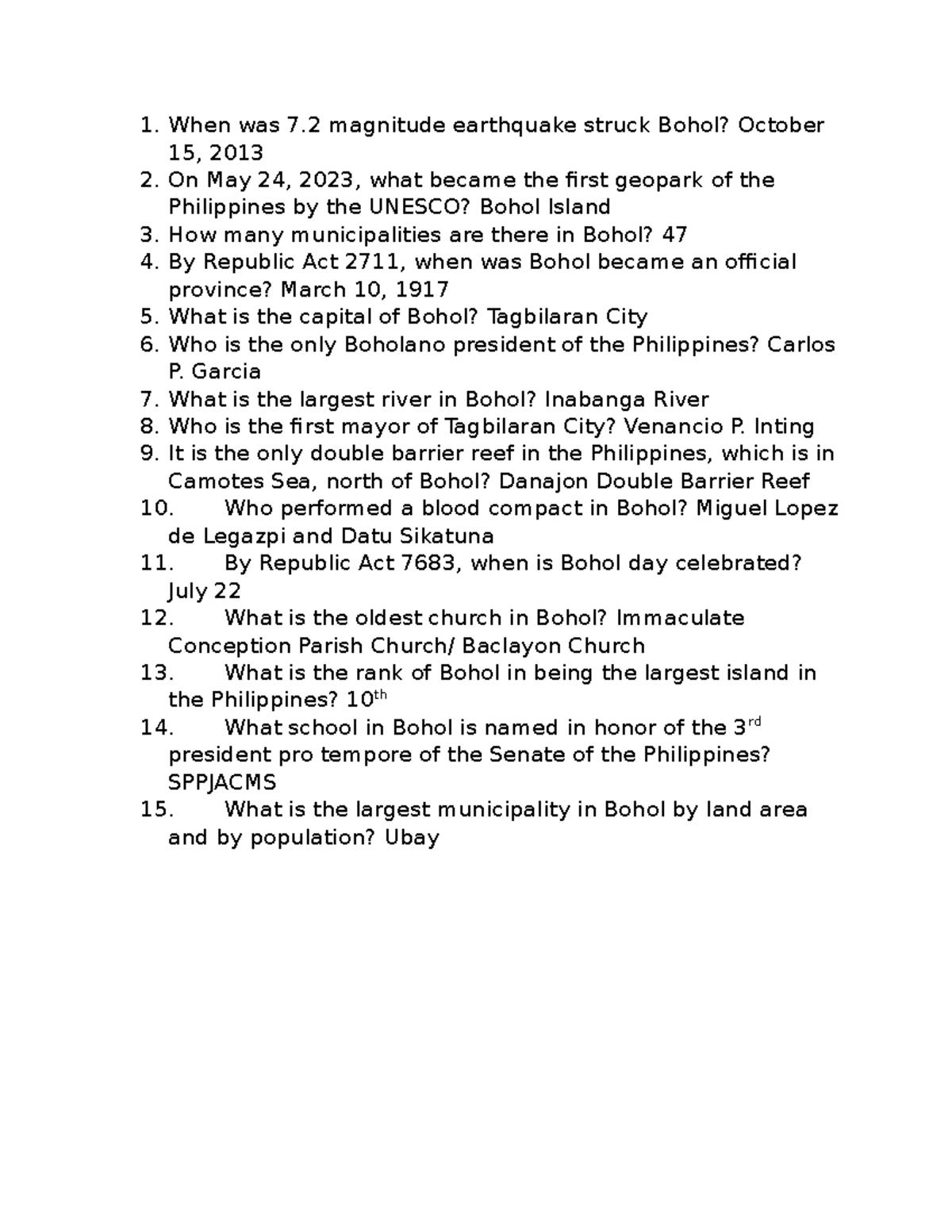Bohol Quiz Questions and Answers: Geography and History Insights - Studocu