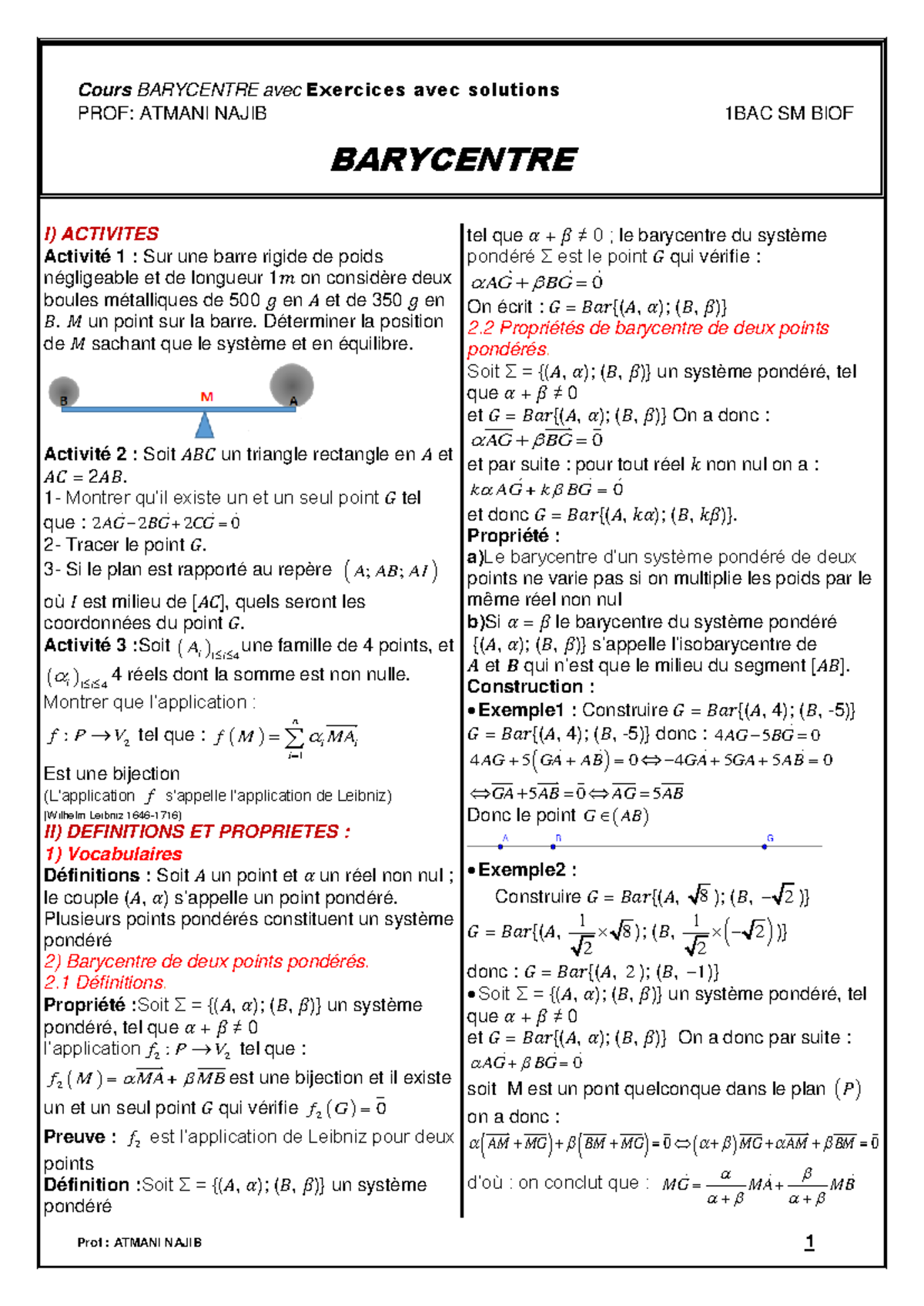 Cours sur le Barycentre et Exercices Corrigés - 1BAC SM BIOF - Studocu