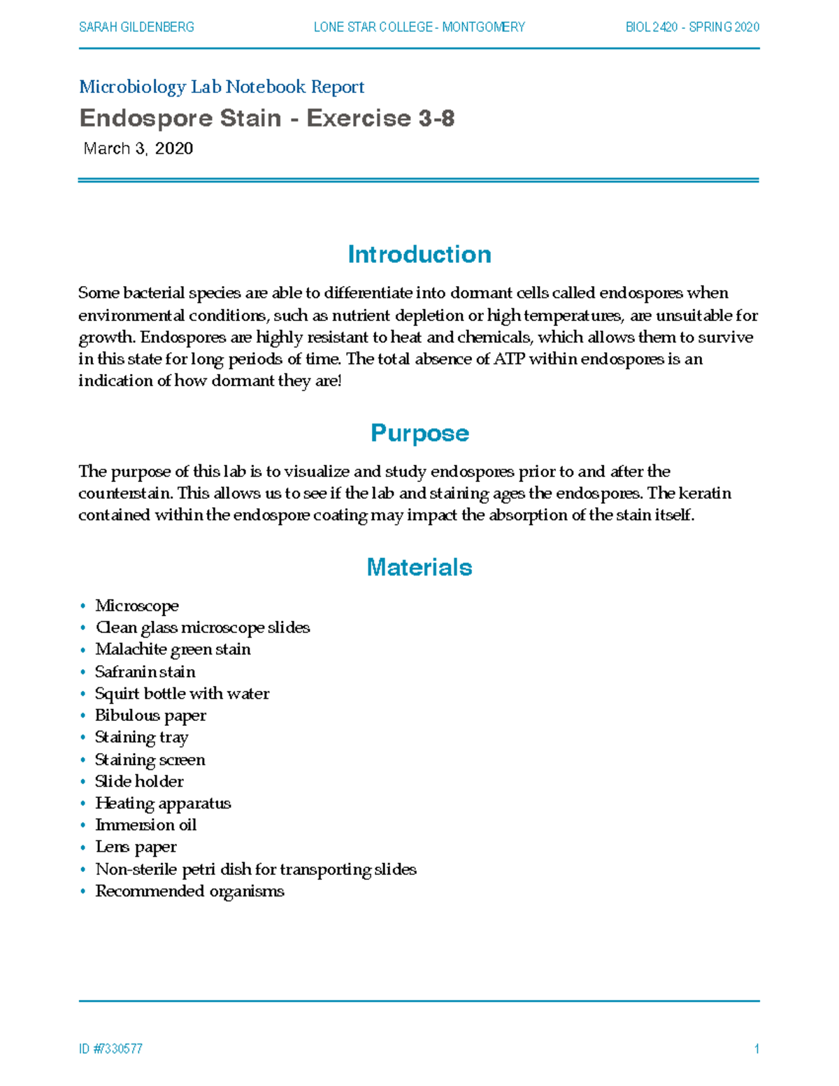 Endospore Staining Lab Report: Visualization and Analysis in ...