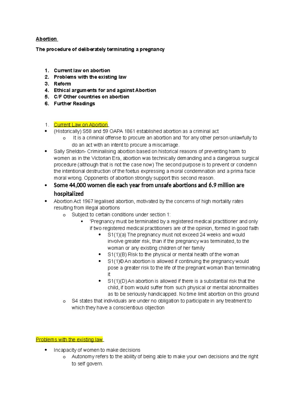 Abortion Cheat Sheet: Current Laws, Ethical Debates, and Reforms - Studocu