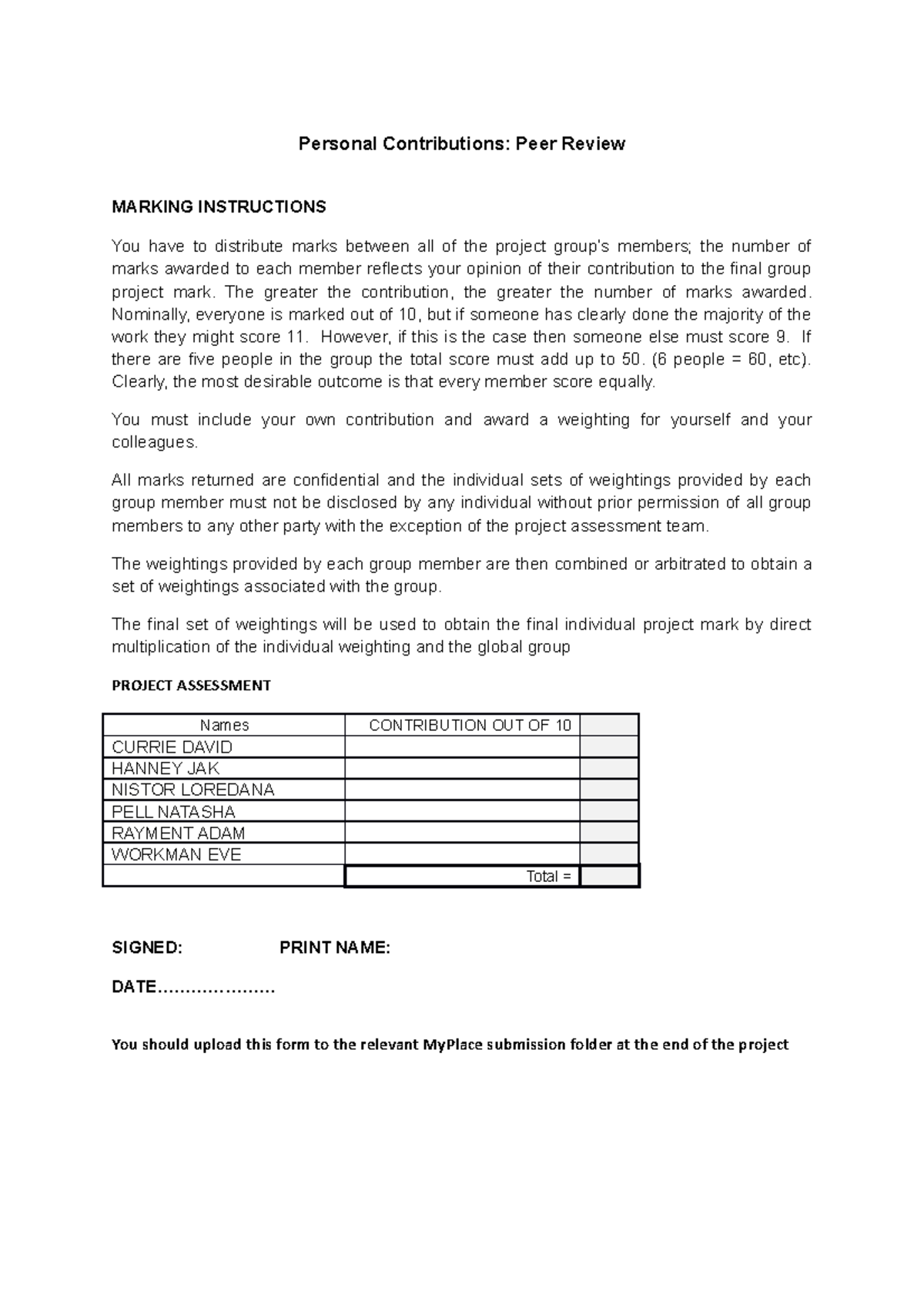 UNIT-5A Peer Assessment - Personal Contributions: Peer Review MARKING ...