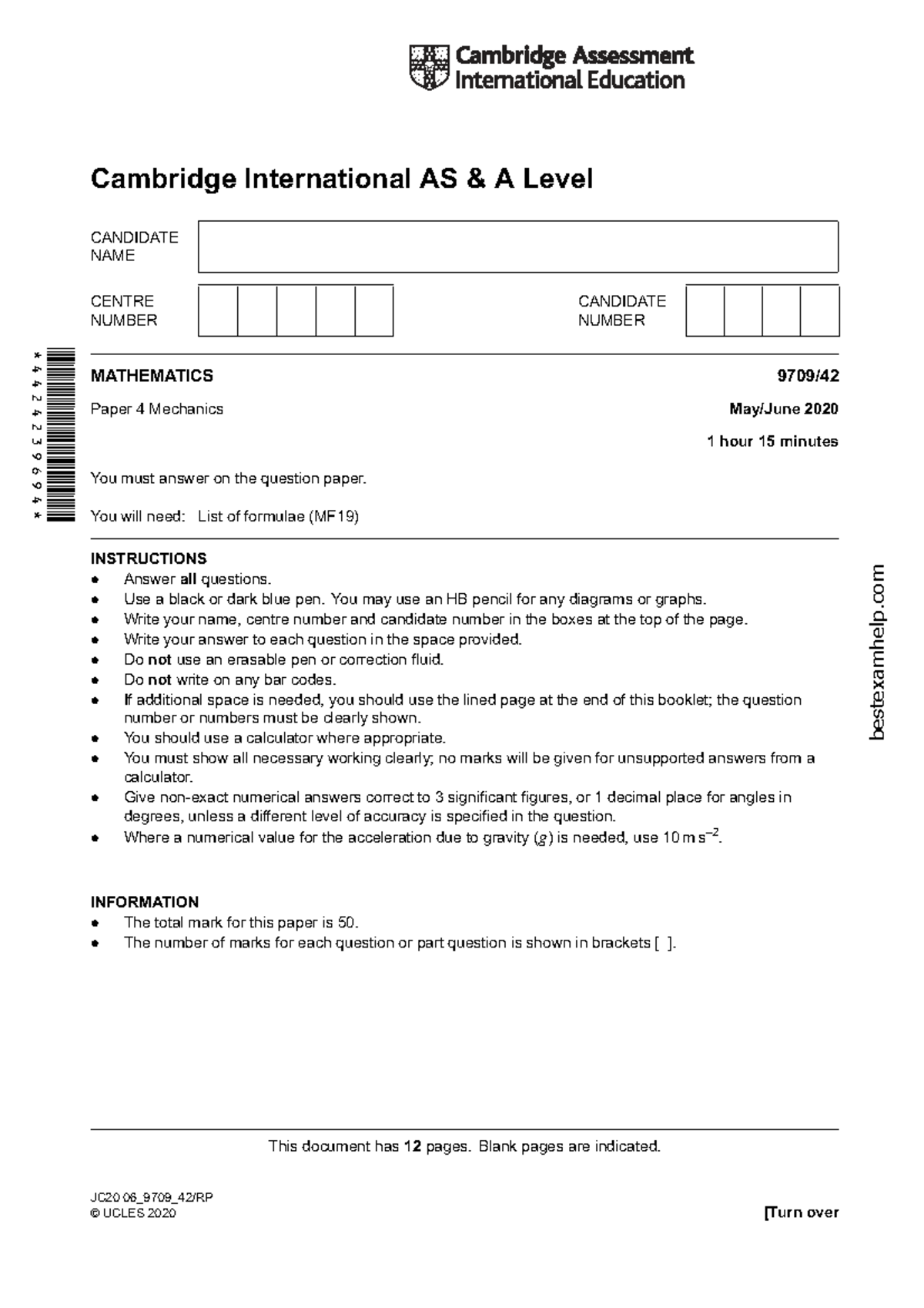 9709 S20 Paper 4 Mechanics Exam Questions and Instructions - Studocu