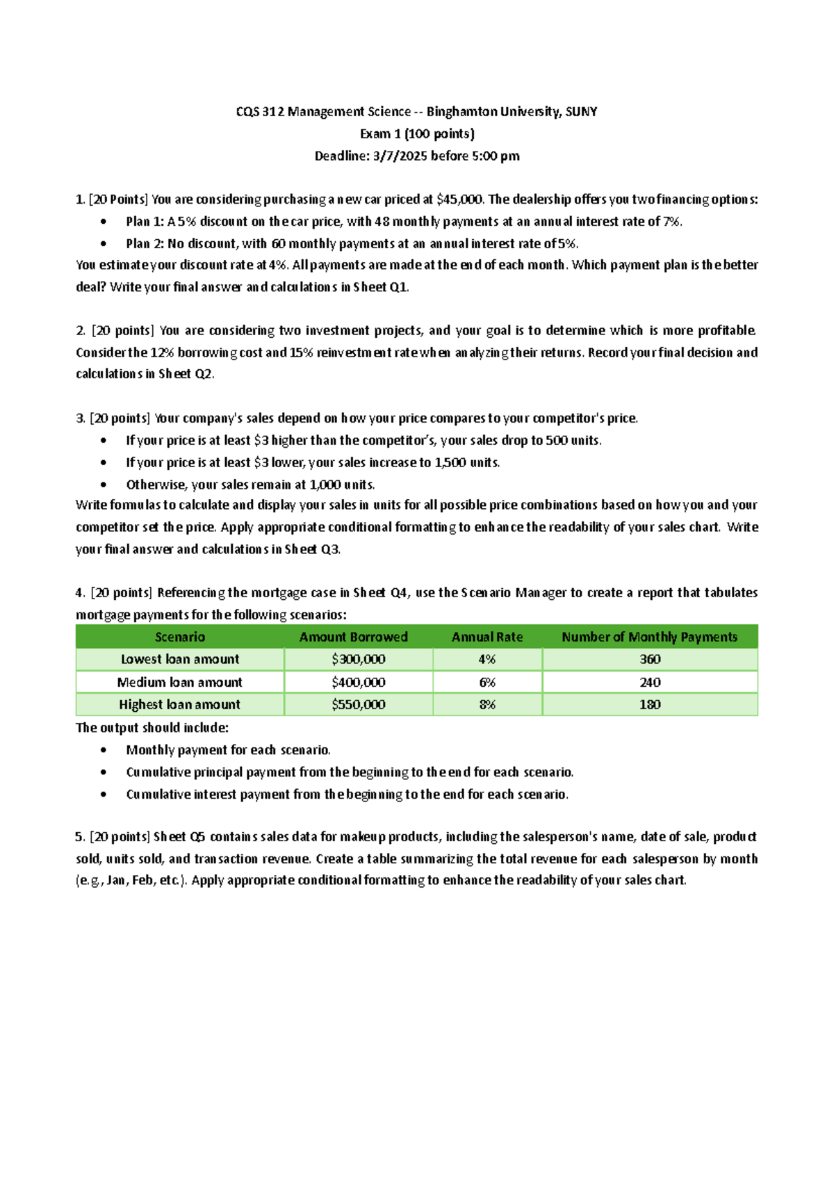 CQS 312 - Exam 1: Detailed Analysis of Financing Options and Sales ...