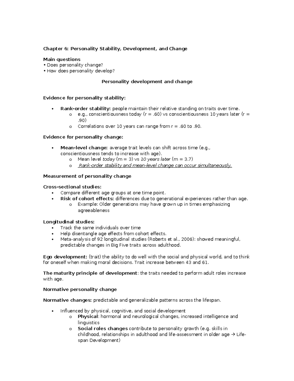 Chapter 6: Updated Study Notes on Personality Stability & Change - Studocu