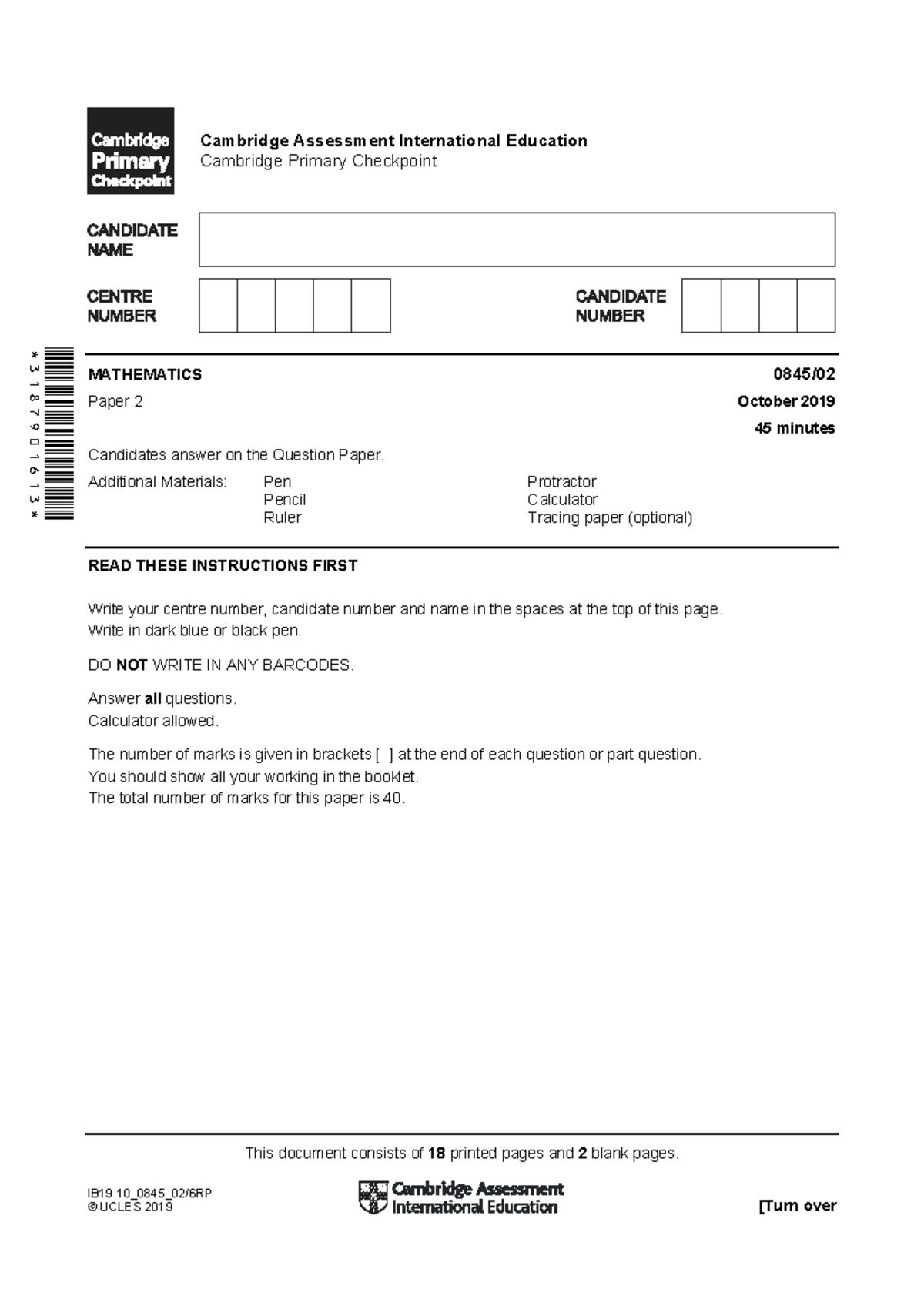 2019 Cambridge Primary Checkpoint Math Paper 2 - Test - Studocu
