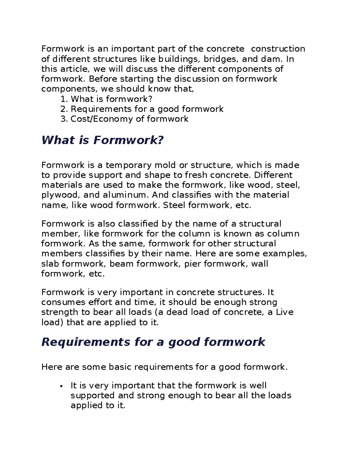 Formwork Basics: Components, Requirements, and Cost Analysis - Studocu