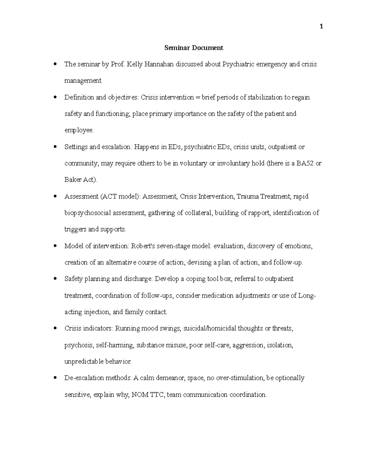 NU673 Unit 4 Seminar: Psychiatric Emergency & Crisis Management Notes ...