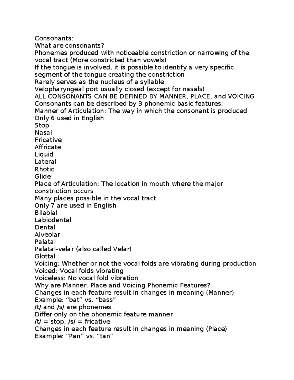 Final Exam Notes for Phonetics & Phonology: Consonant Articulation ...