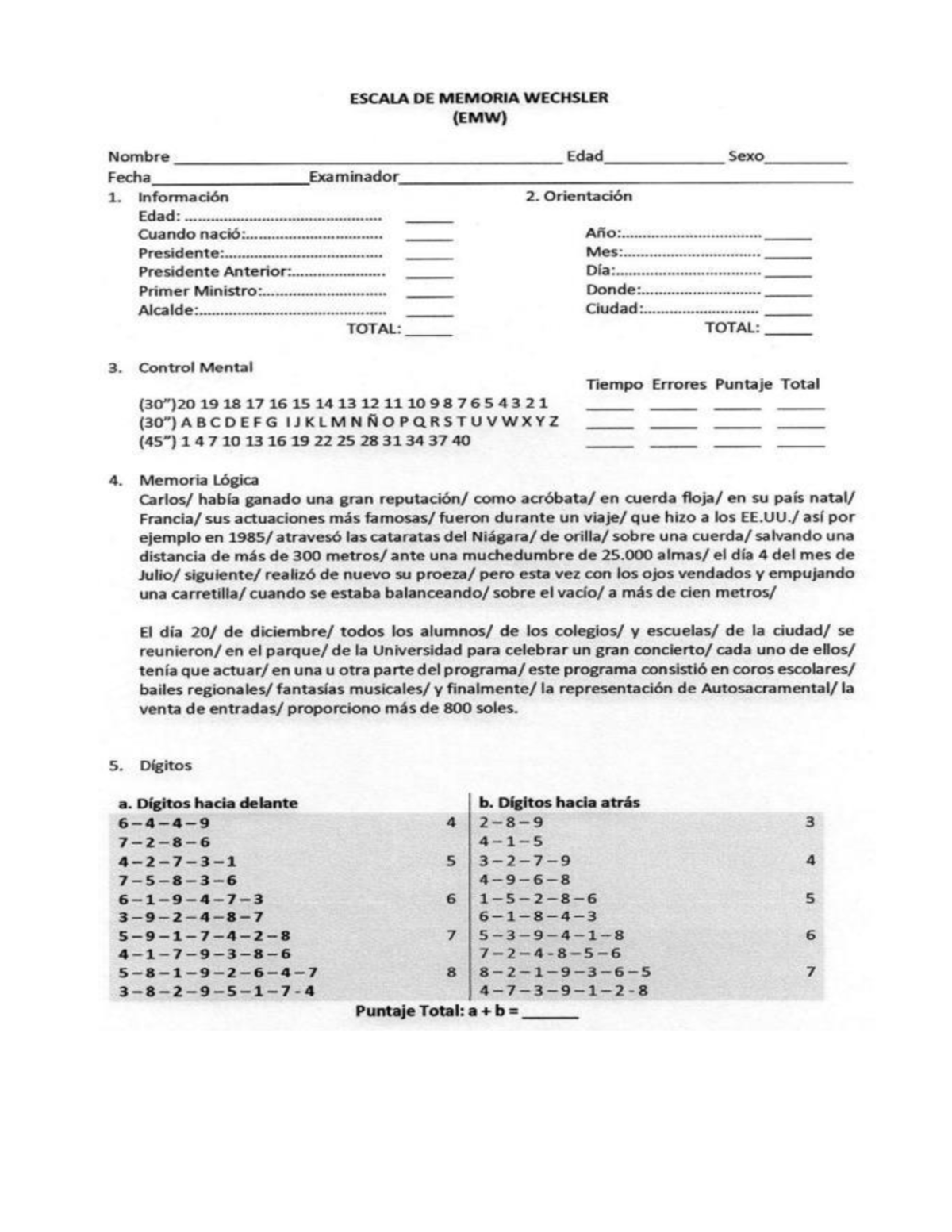 Escala de Memoria de Wechsler: Protocolo y Resultados - Studocu