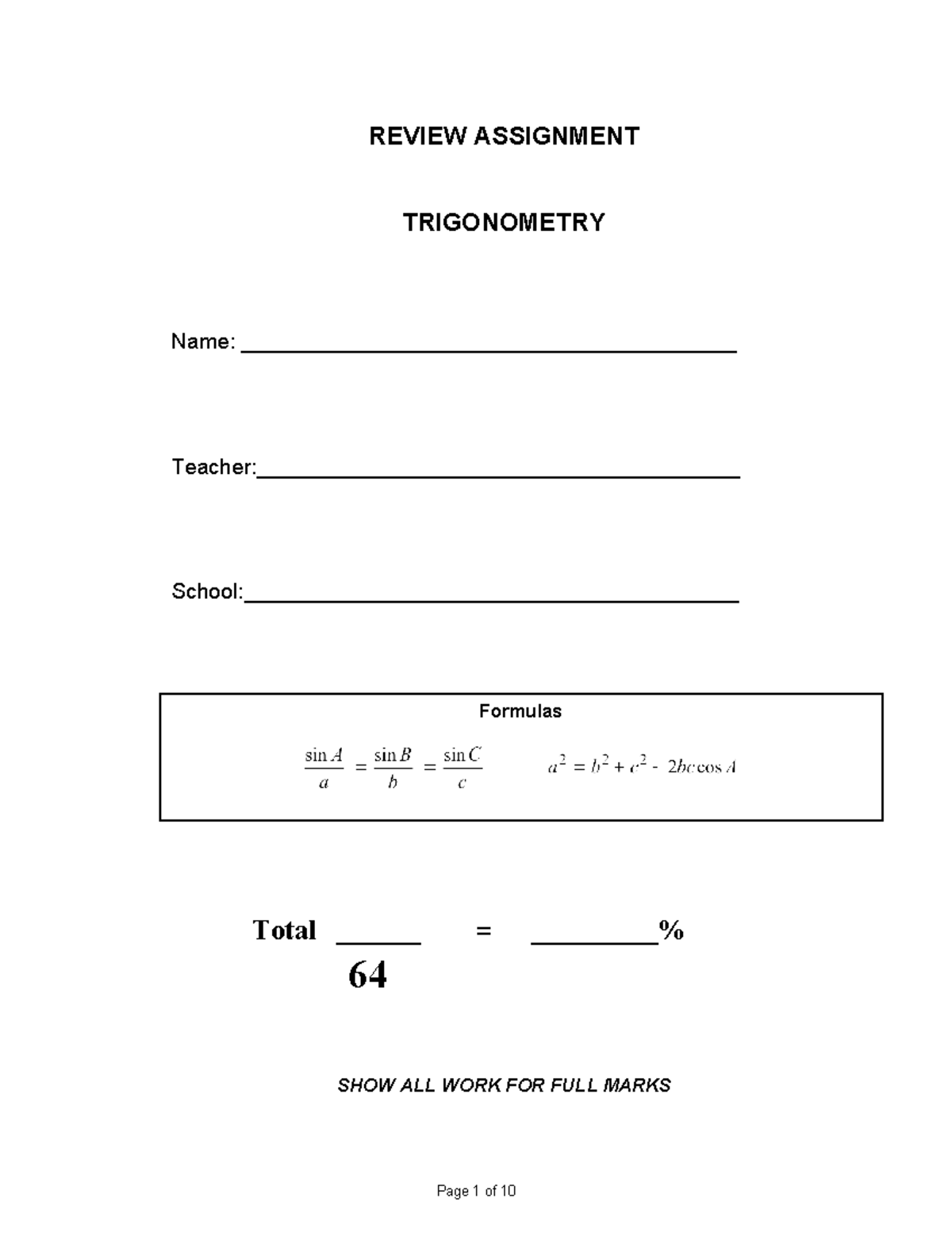 Trigonometry Review Assignment - Essential Formulas and Questions - Studocu