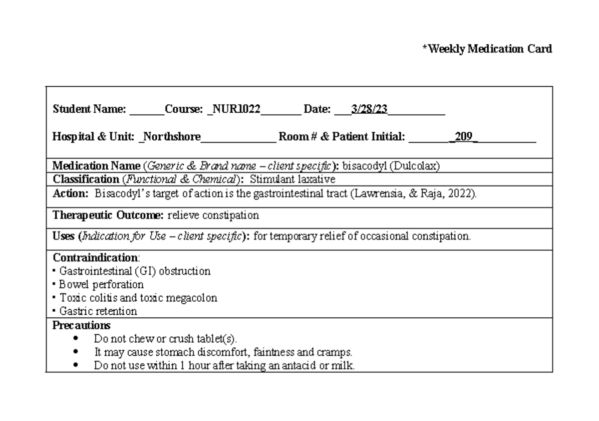 NUR1022 Weekly Medication Card for Bisacodyl (Dulcolax) - Studocu