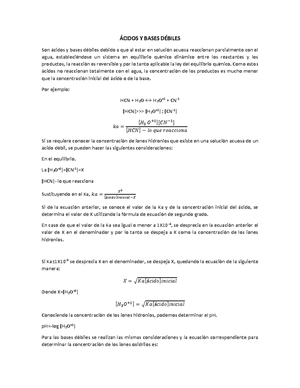 ÁCIDOS Y BASES DÉBILES: Equilibrio Químico y Cálculo de pH - Studocu