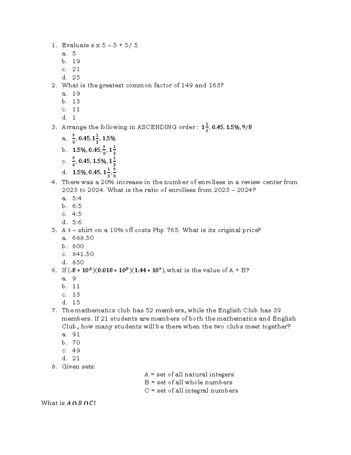 MATH 101 Assessment Test - Comprehensive Reviewer for Students - Studocu