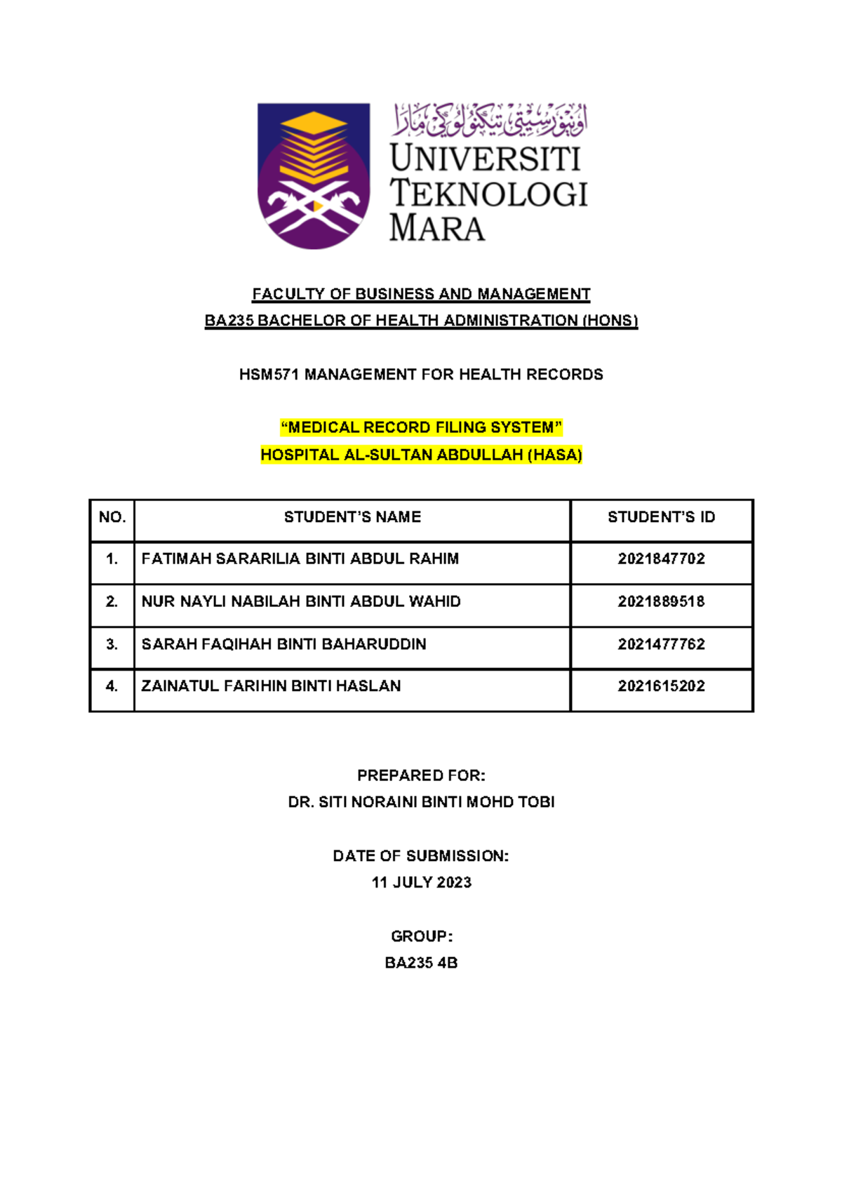 BA235 HSM571 Management of Medical Records at Hospital Abdullah (HASA ...