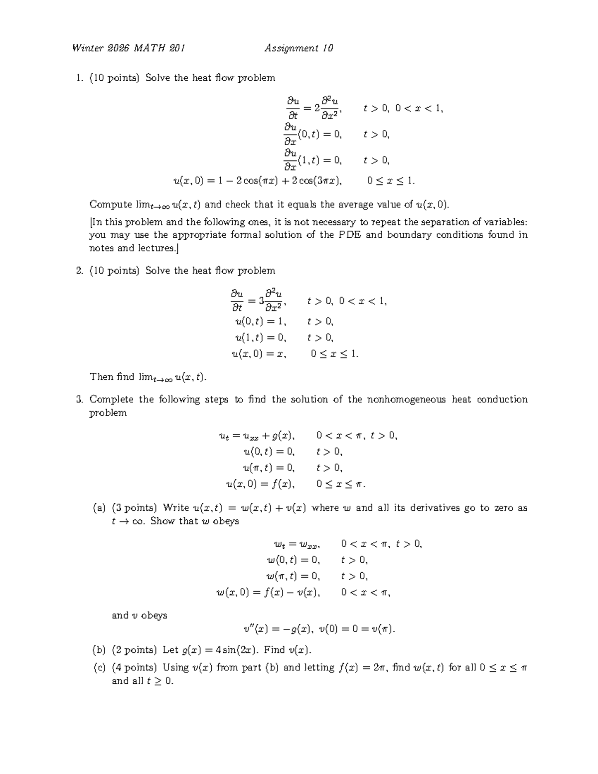 Winter 2026 MATH 201 Assignment 10: Heat Flow Problems Solutions - Studocu