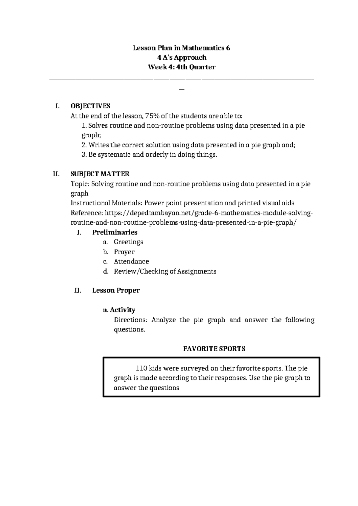 MATH 6 Lesson Plan #3: Solving Problems with Pie Graphs - Studocu