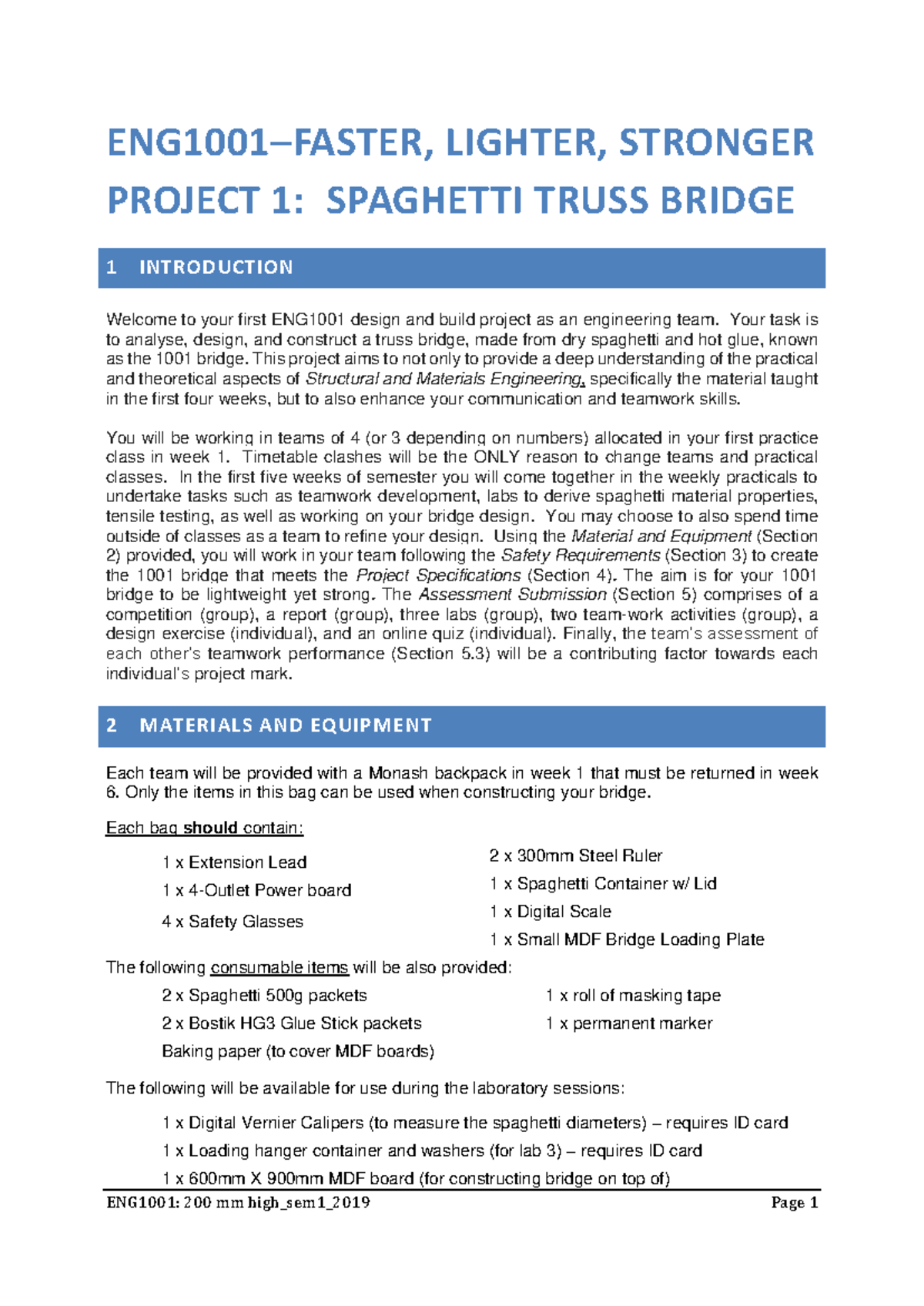 ENG1001 Spaghetti Truss Bridge Project Overview and Guidelines - Studocu