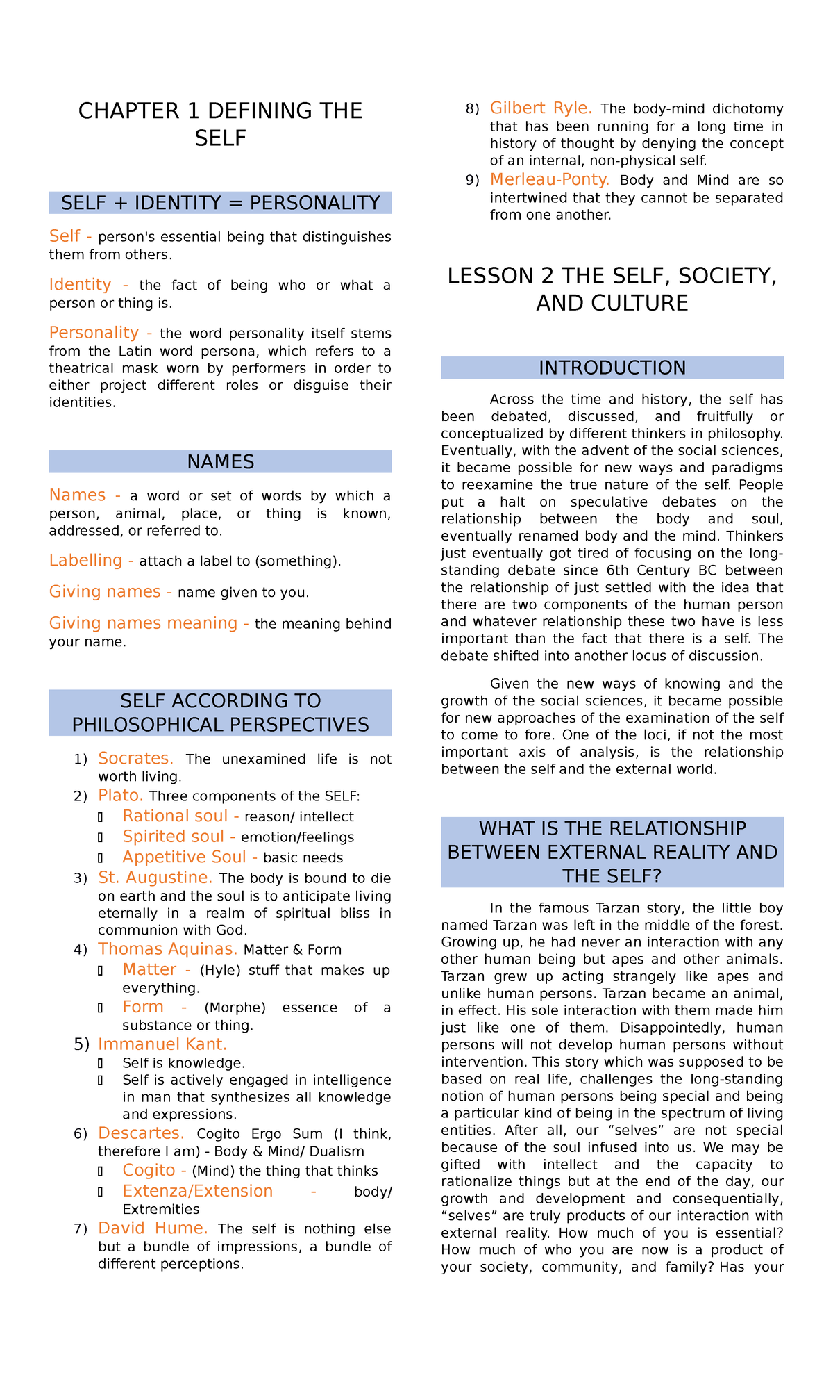 GE1 Understanding the Self - CHAPTER 1 DEFINING THE SELF SELF ...