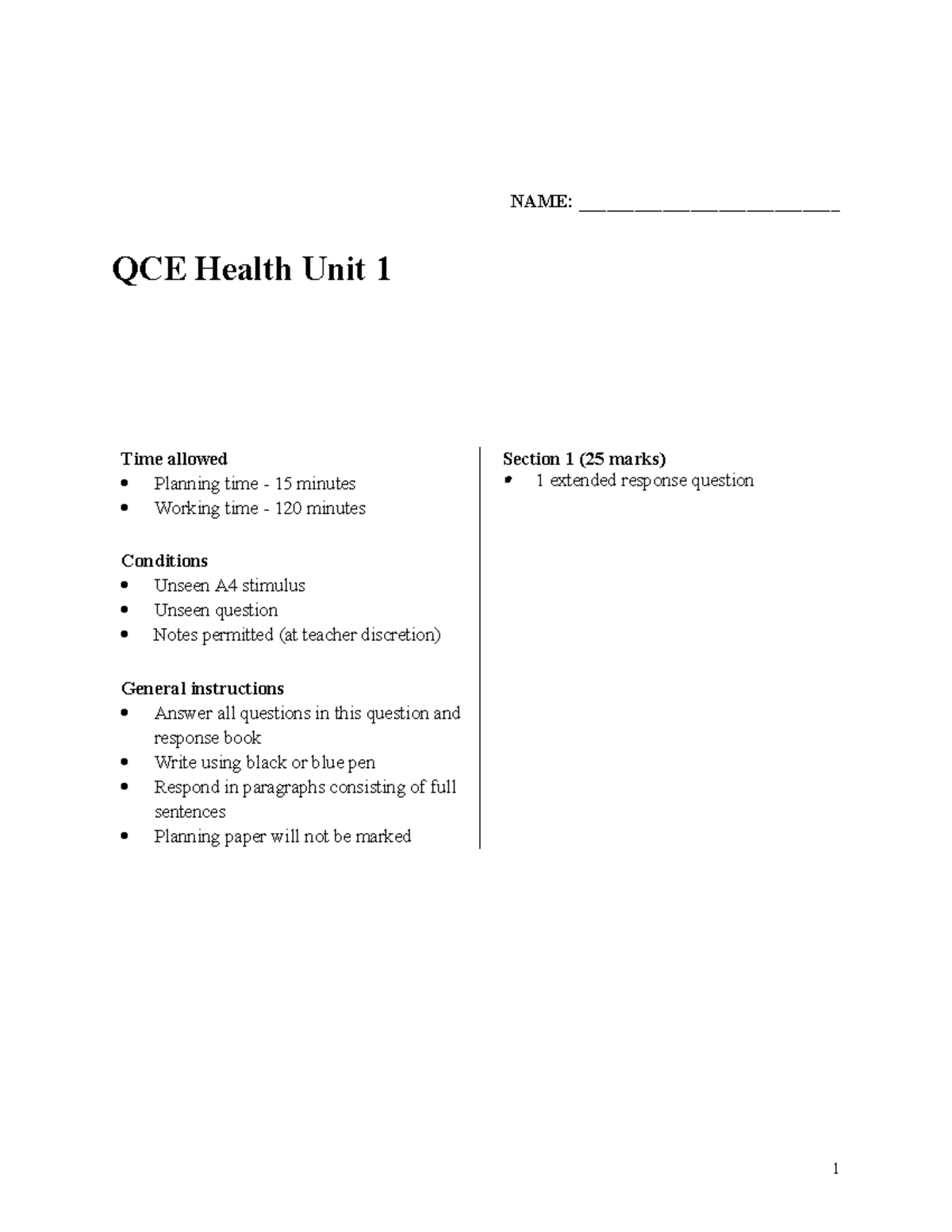 QCE Health Unit 1: Practice Paper on Mental Health & Resilience - Studocu