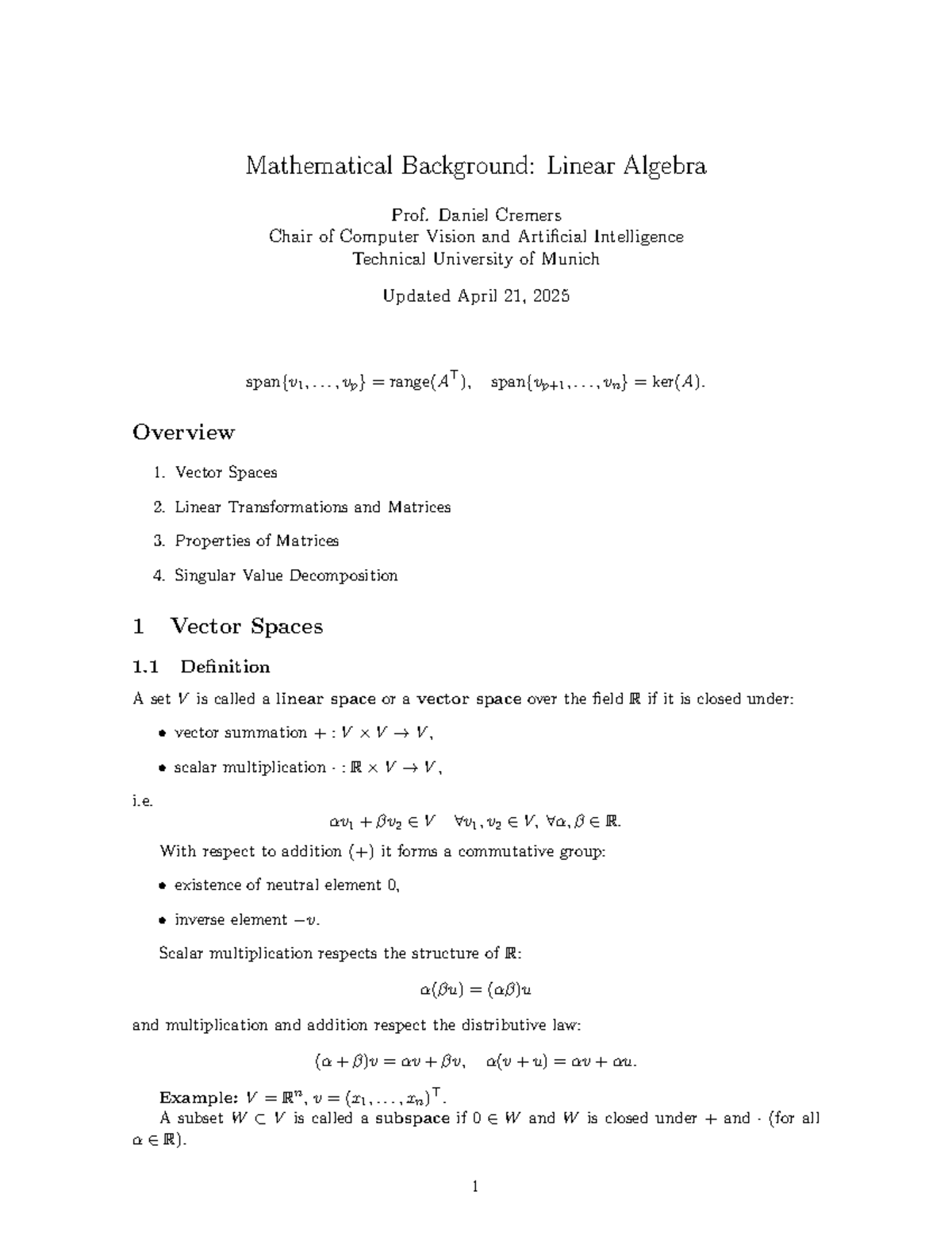 Mathematical Background: Linear Algebra Overview for CVII VLS1 - Studocu