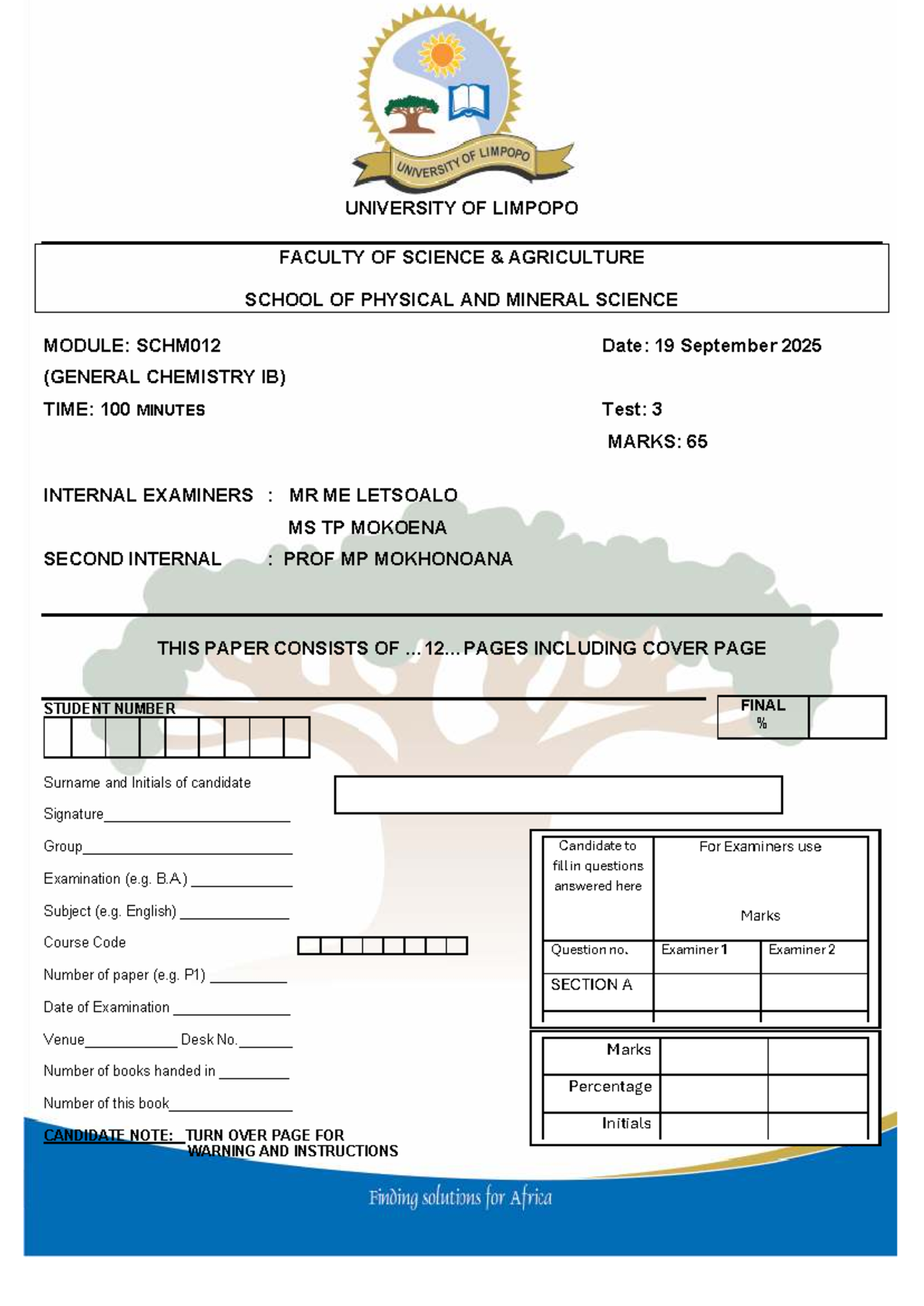 SCHM012 General Chemistry IB Test 3 (2025) - Examination Paper - Studocu