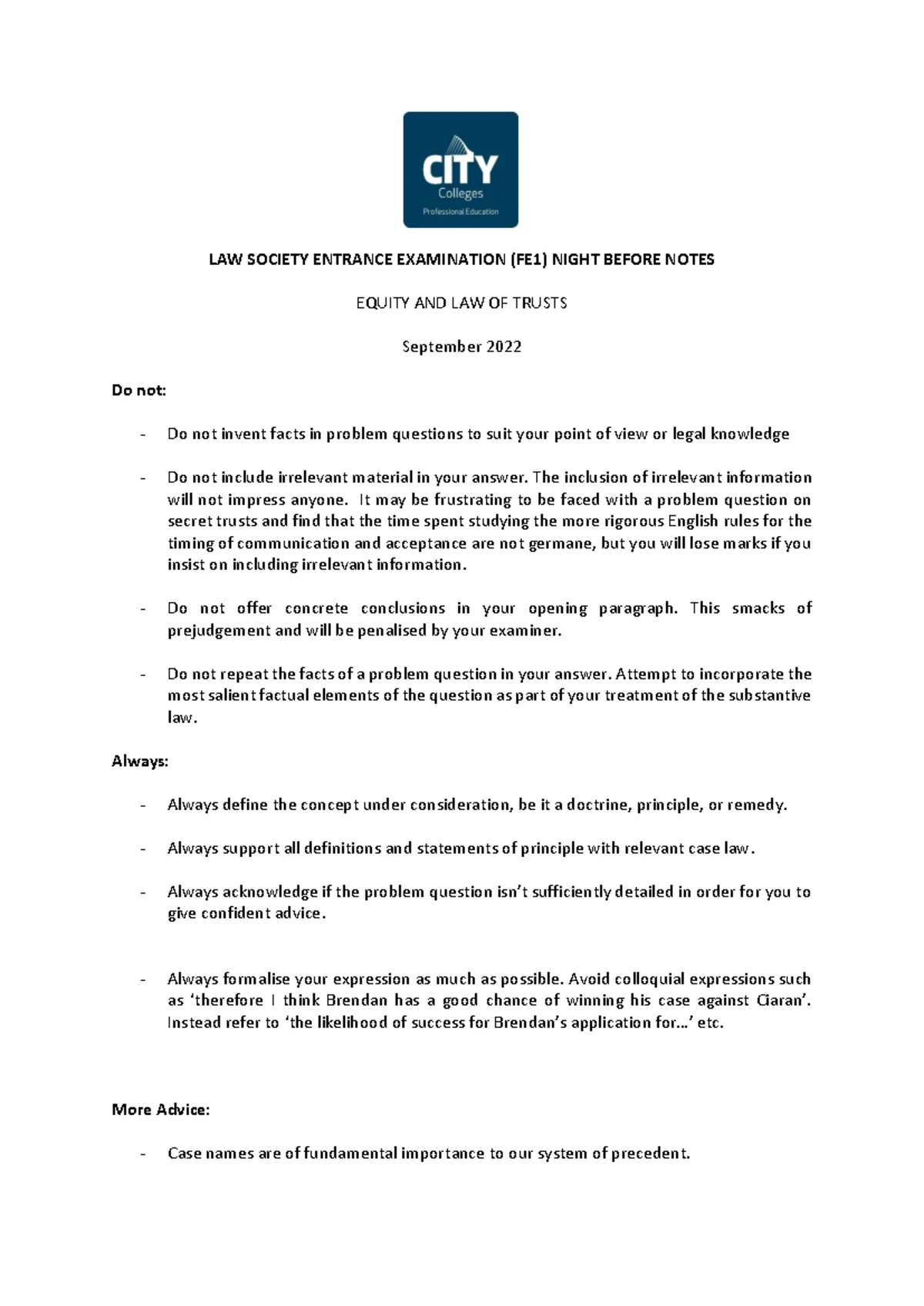 FE1 Night Before Notes - Equity Law - FE1 EQUITY & TRUSTS NIGHT BEFORE ...