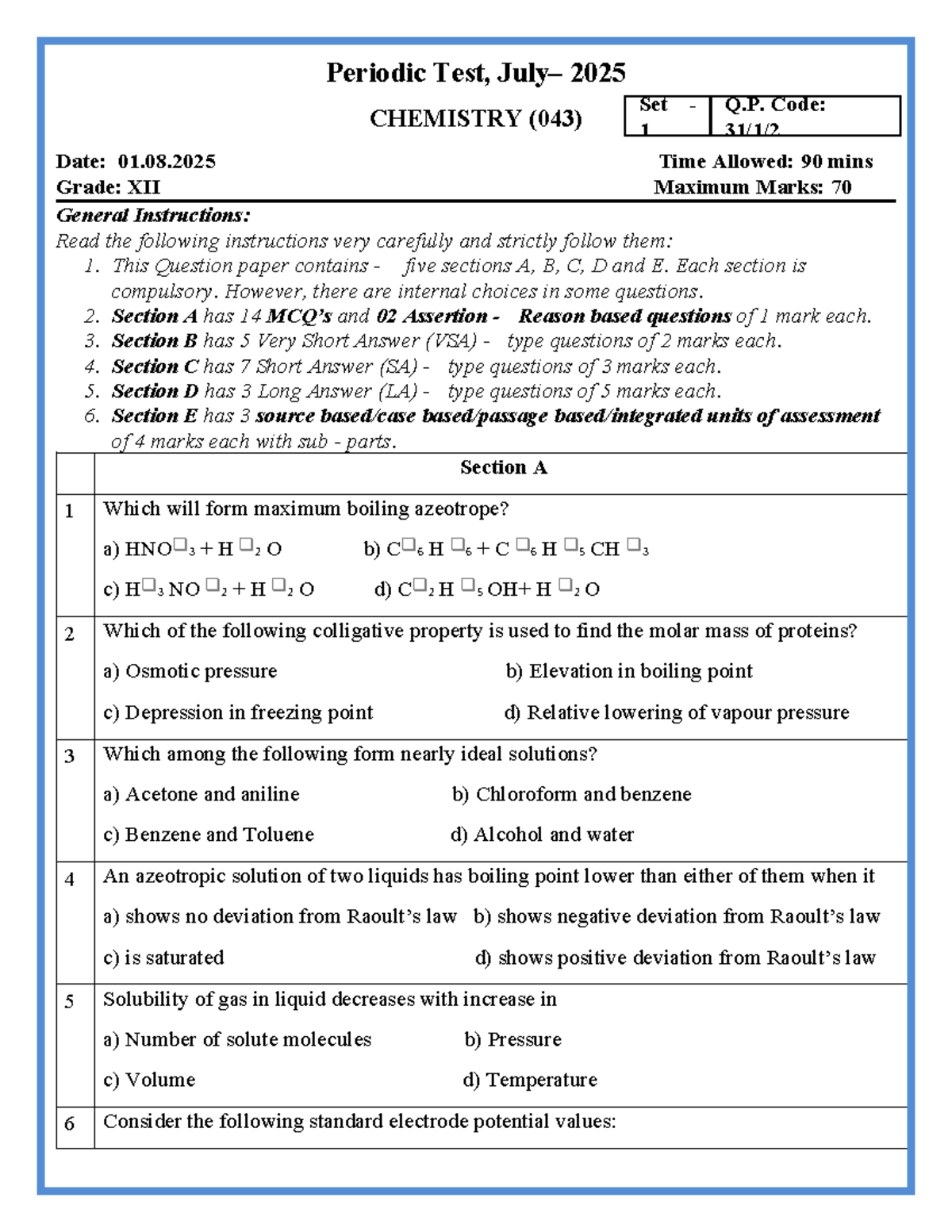 Periodic Test 2025: Chemistry (043) Grade XII Question Paper - Studocu