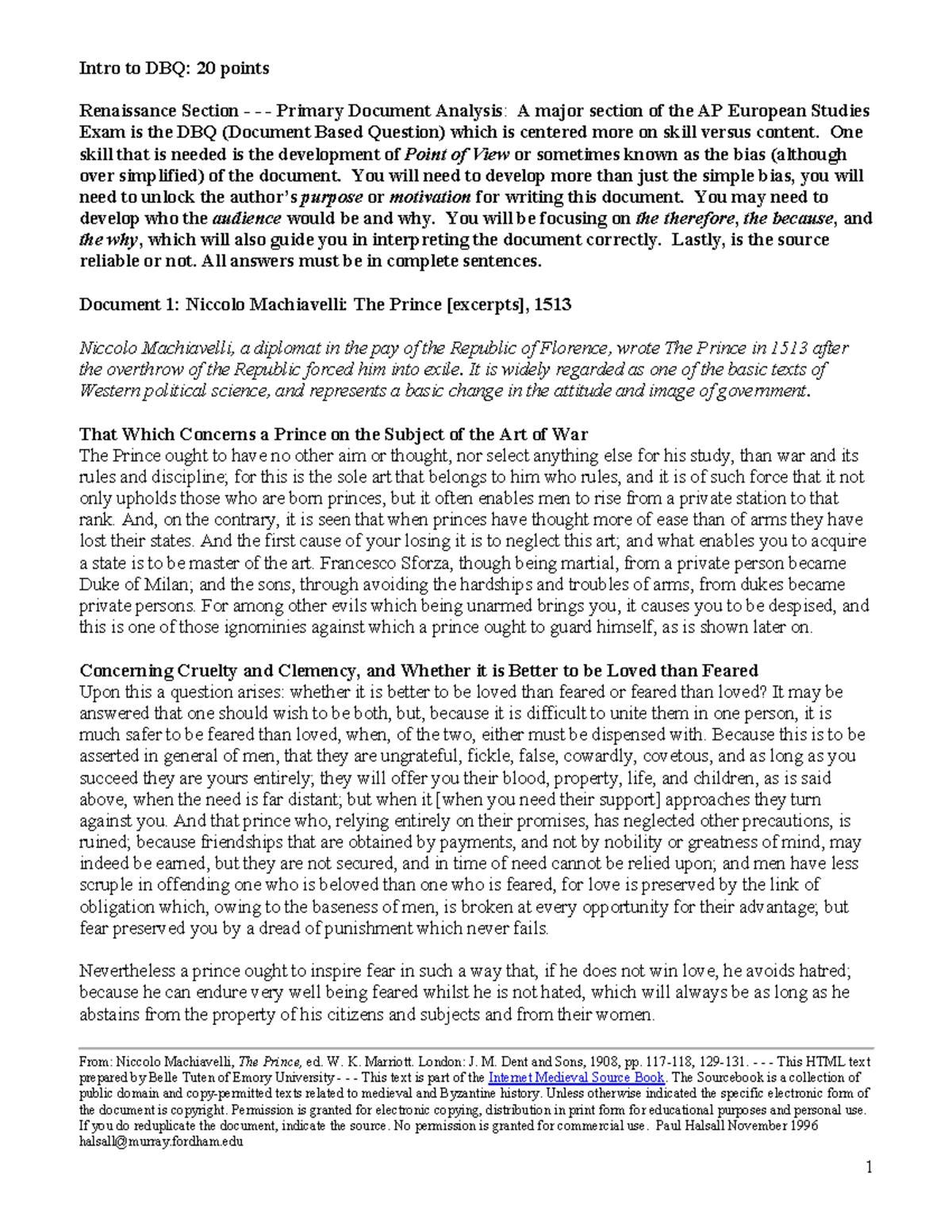 AP European Studies: DBQ Analysis on Machiavelli's The Prince - Studocu