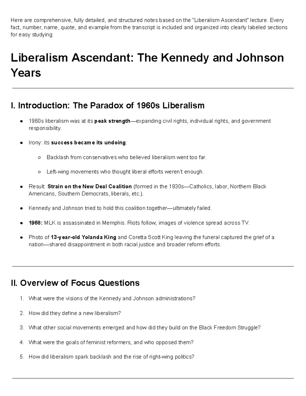 Lecture Notes: Liberalism Ascendant (1960s) - Kennedy & Johnson Years ...