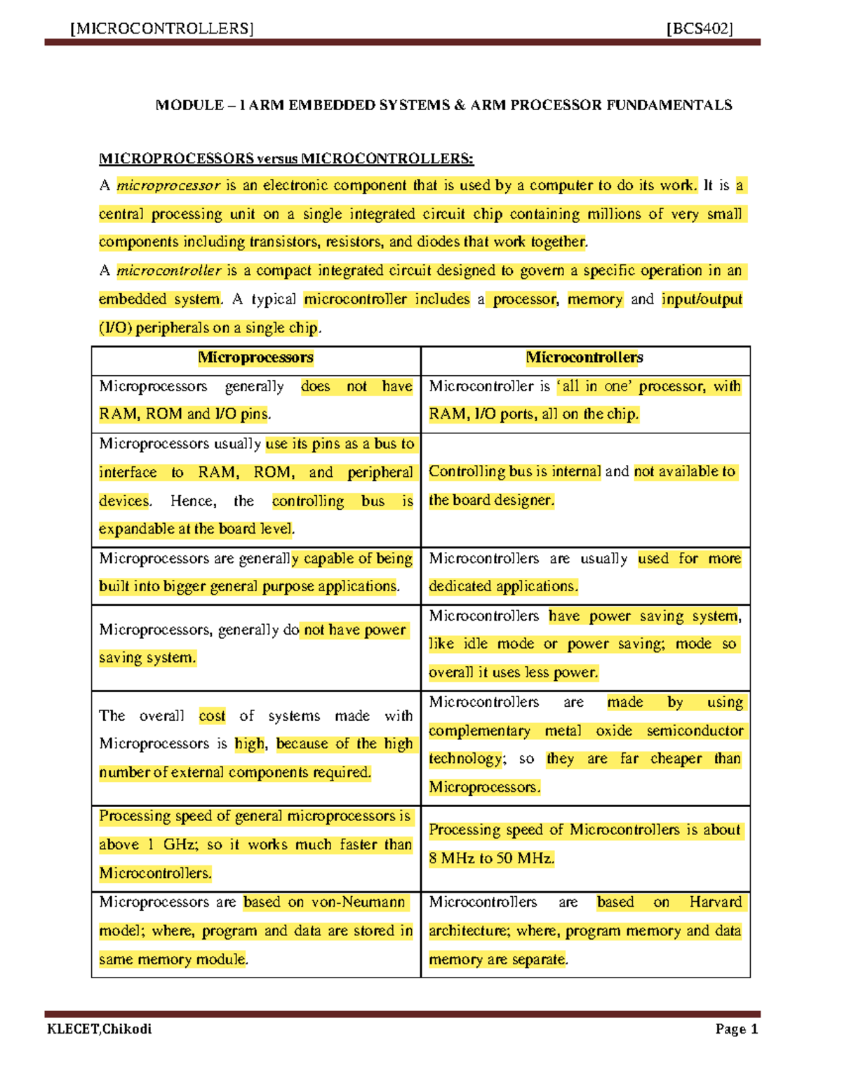 MC 18CS44: ARM Embedded Systems - Microprocessors vs Microcontrollers ...