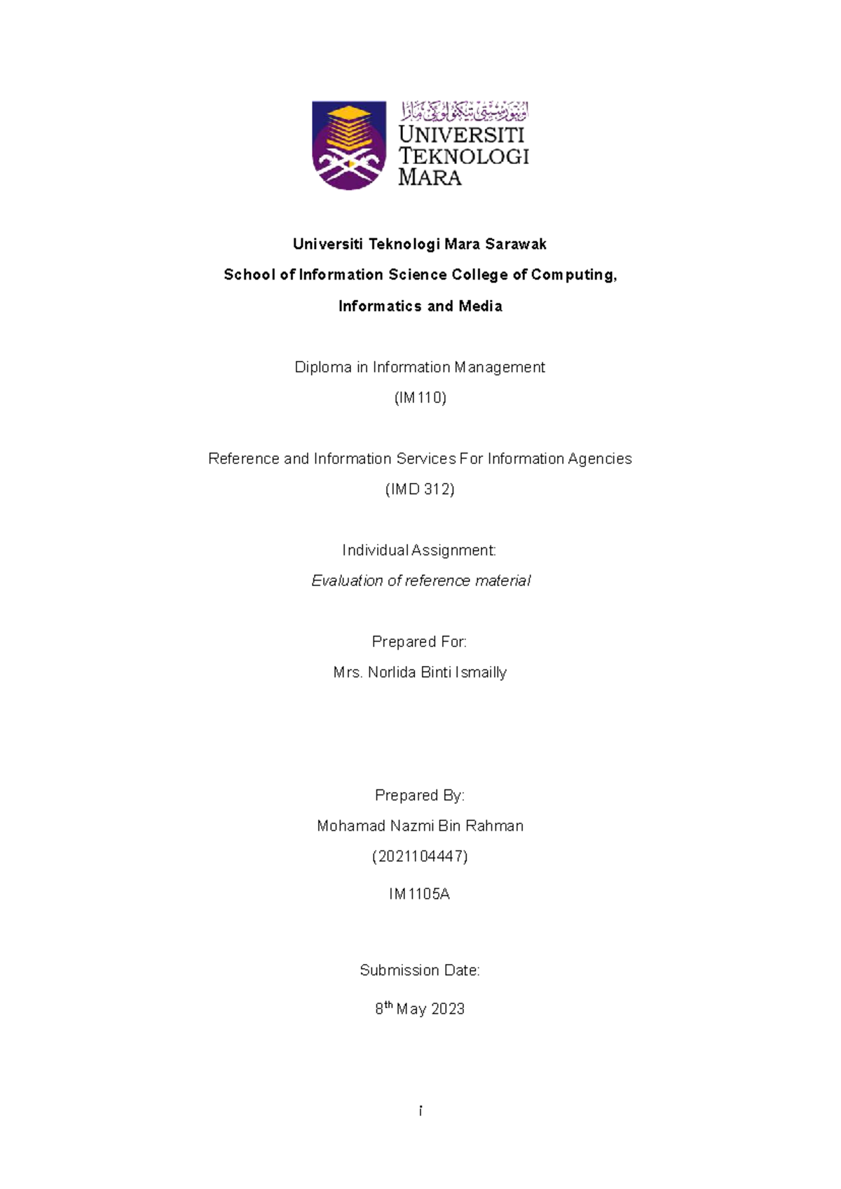 IM110 Individual Assignment: Evaluation of Reference Materials - Studocu