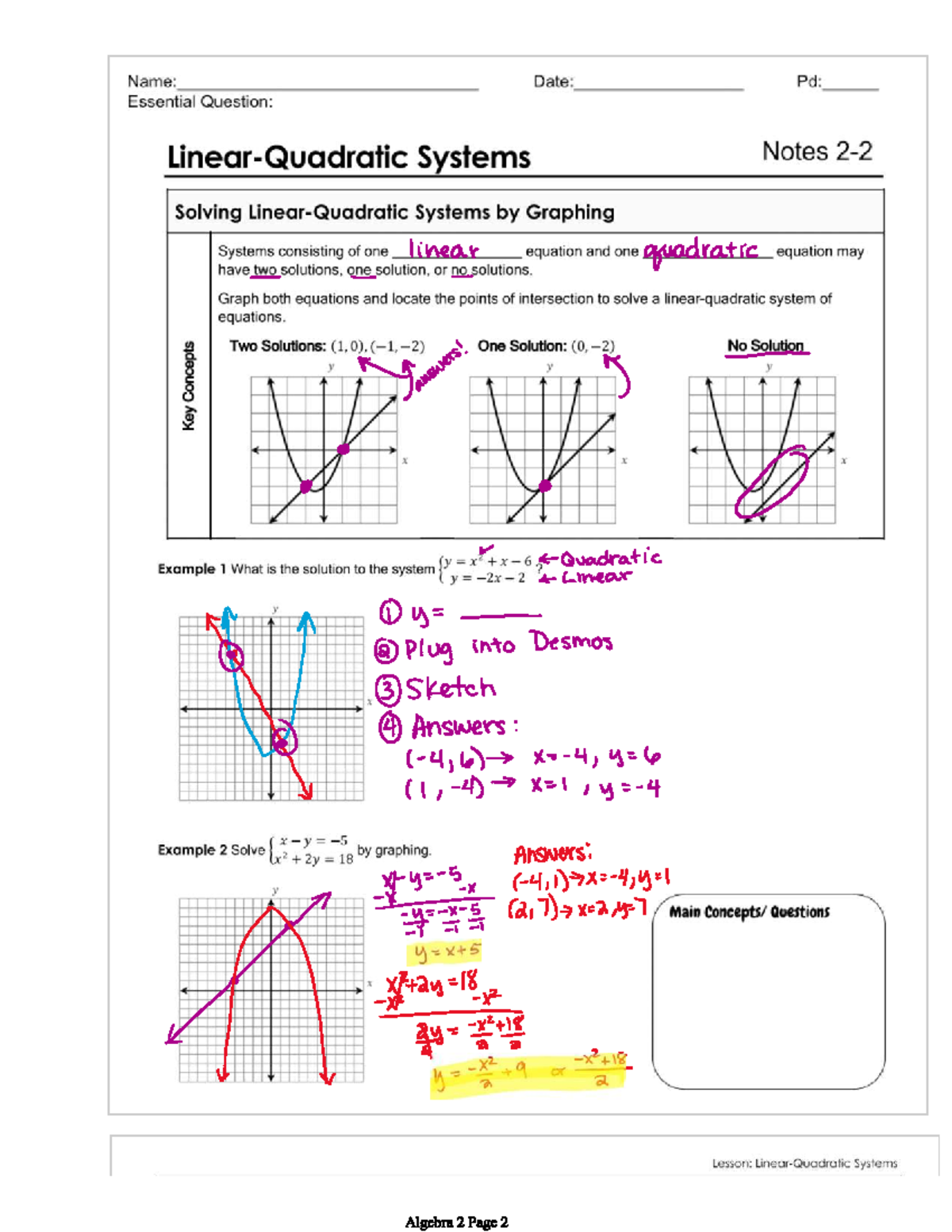 Algebra 2: Solving Systems of Equations - Graphing & Substitution Notes ...